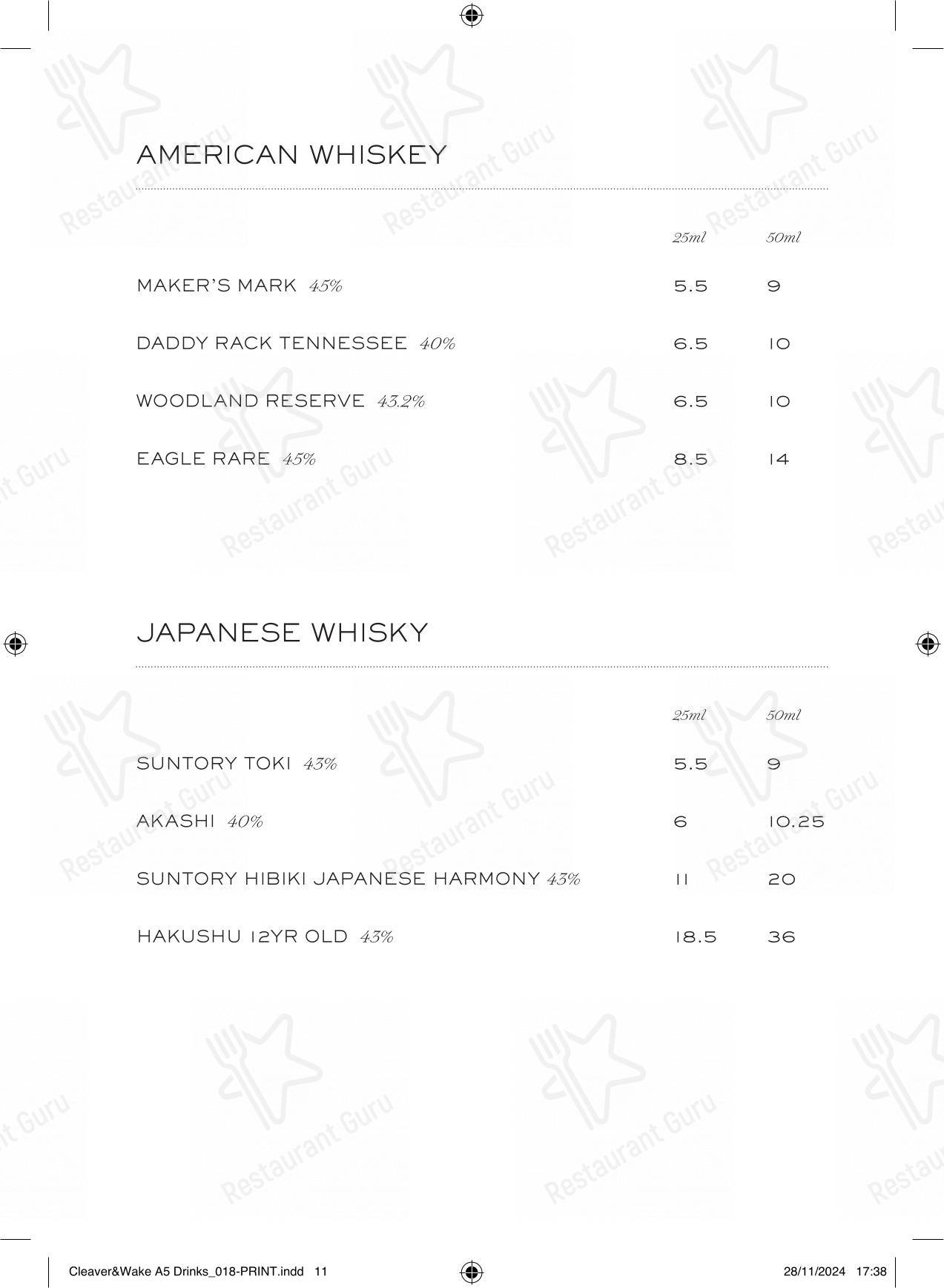 Menu at Cleaver & Wake restaurant, Nottingham