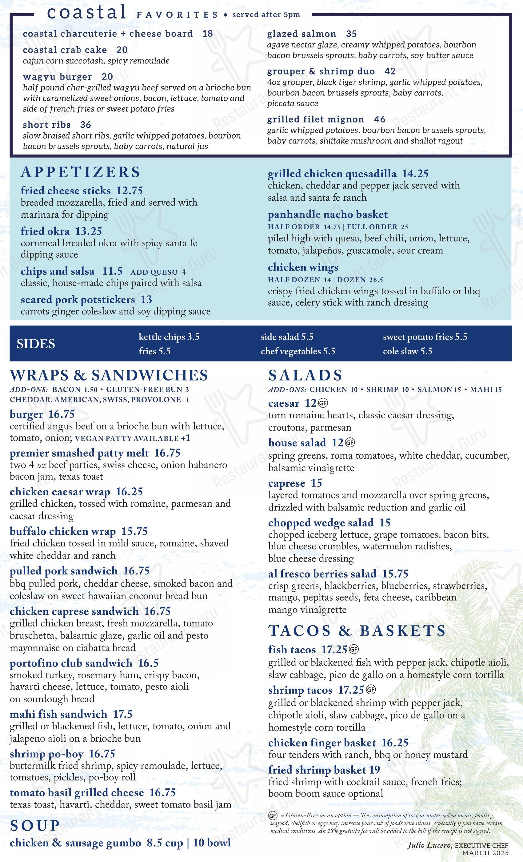 Menu at Coastal, Pensacola Beach, 10 Portofino Dr