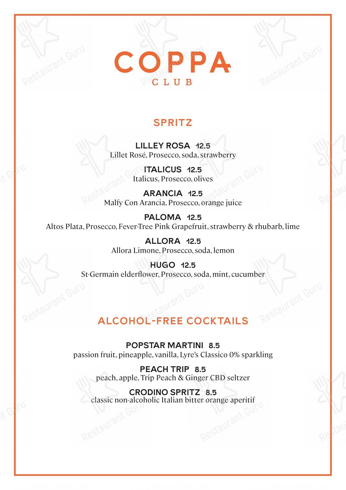 Menu at Coppa Club Tower Bridge, London, 3 Lower Thames St
