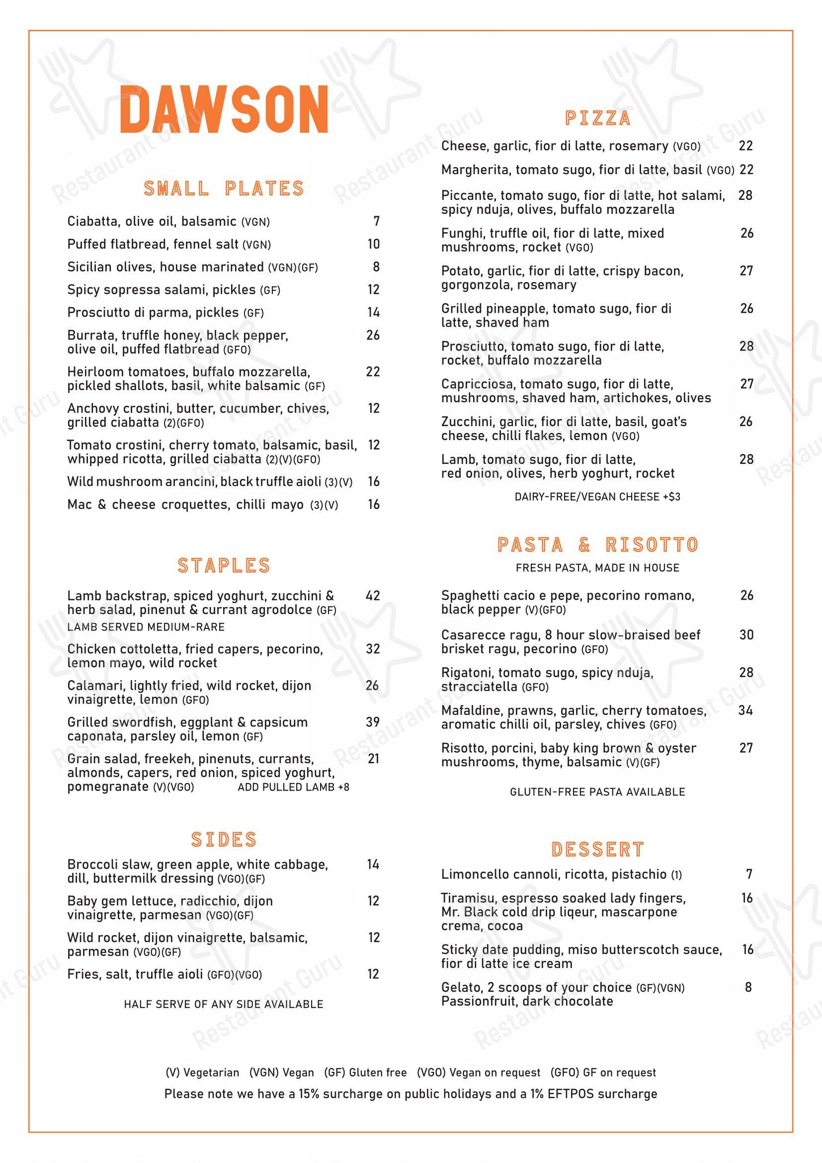 Menu at Dawson Bar and Restaurant, Kew