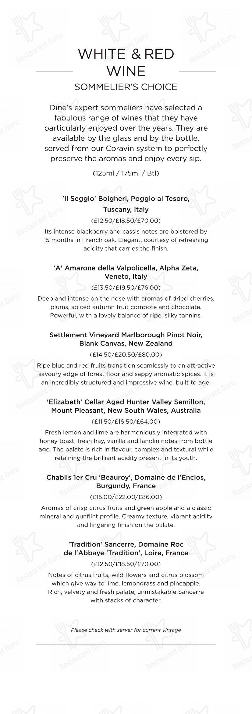 Menu at Dine Murrayfield restaurant, Edinburgh