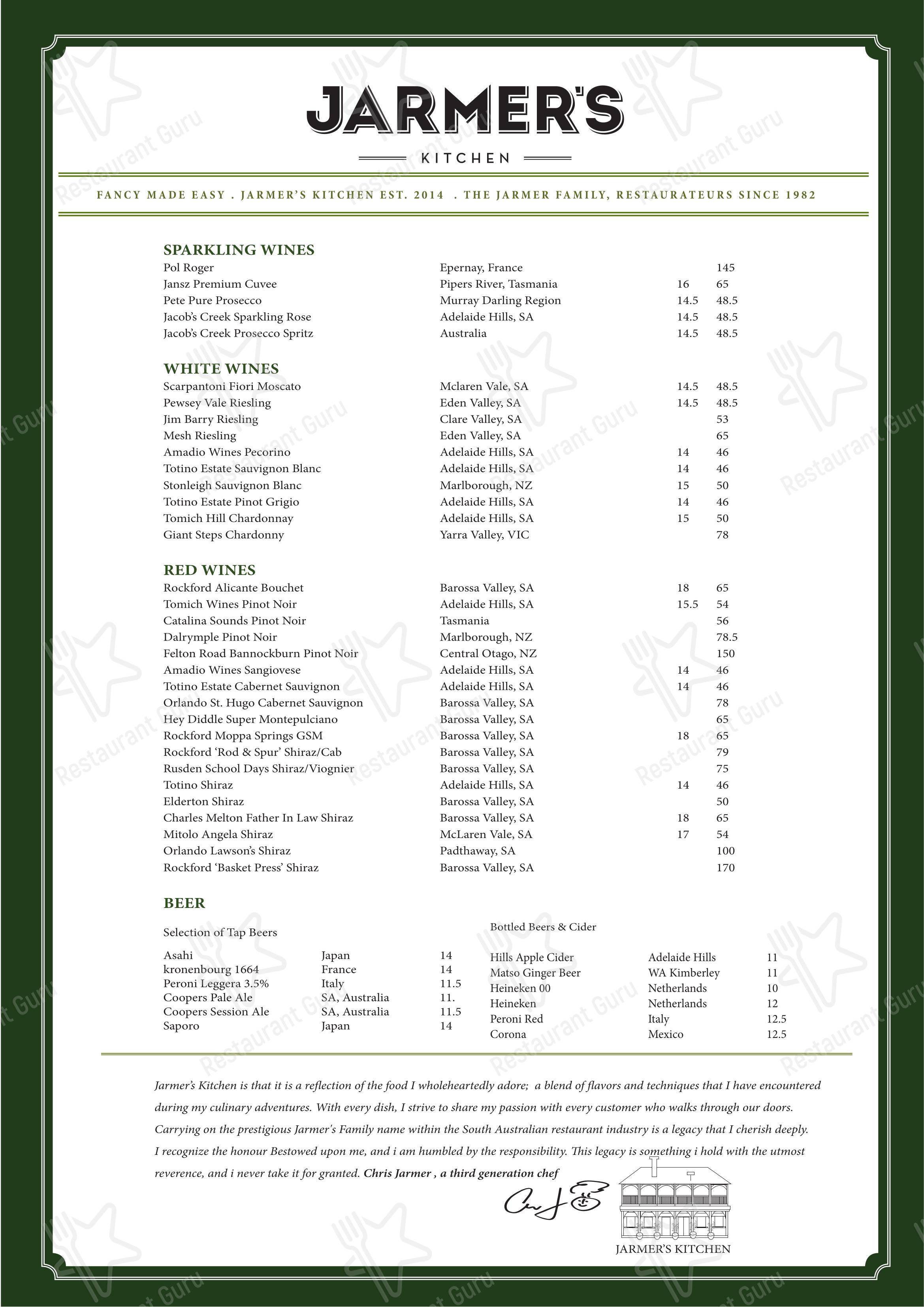 Menu at Jarmer’s Kitchen restaurant, Bowden