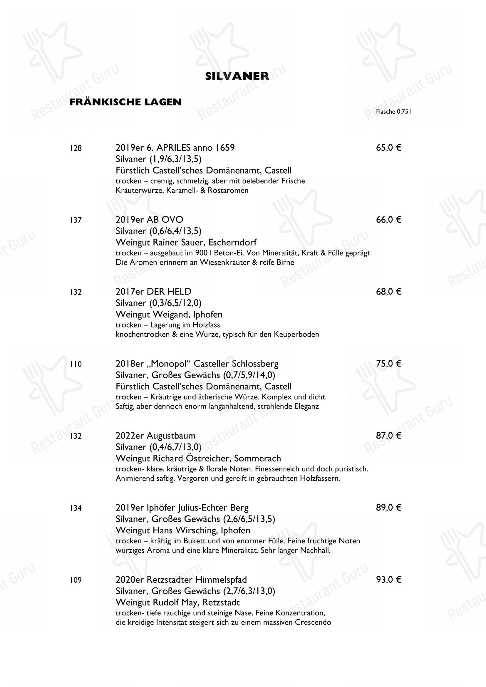 Speisekarte von KUNO 1408 restaurant, Würzburg