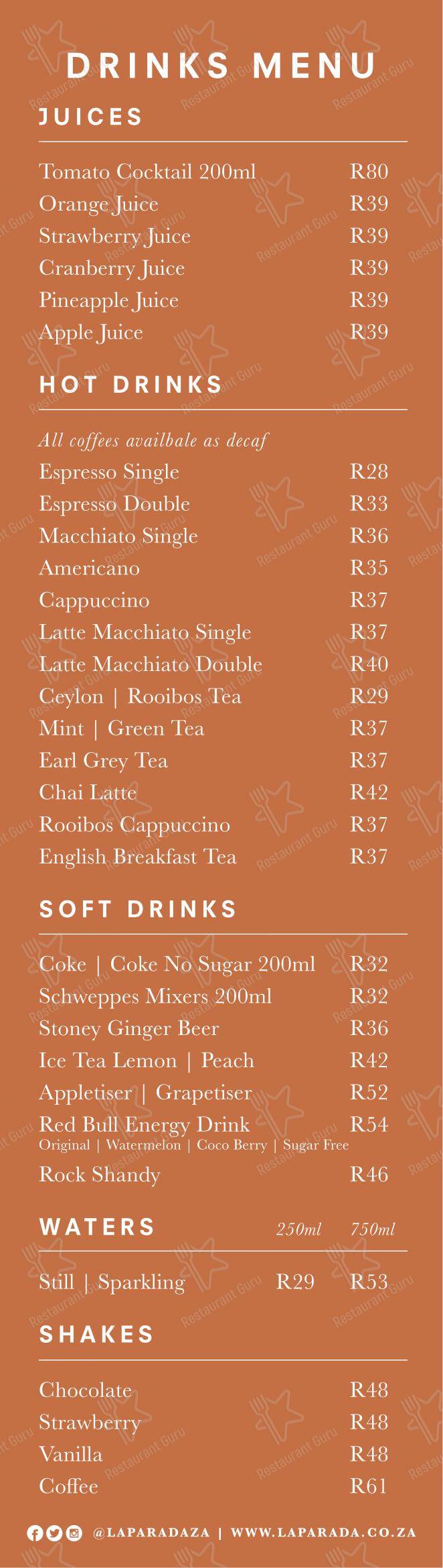 Menu at La Parada Rosebank restaurant, Johannesburg, Shop 22