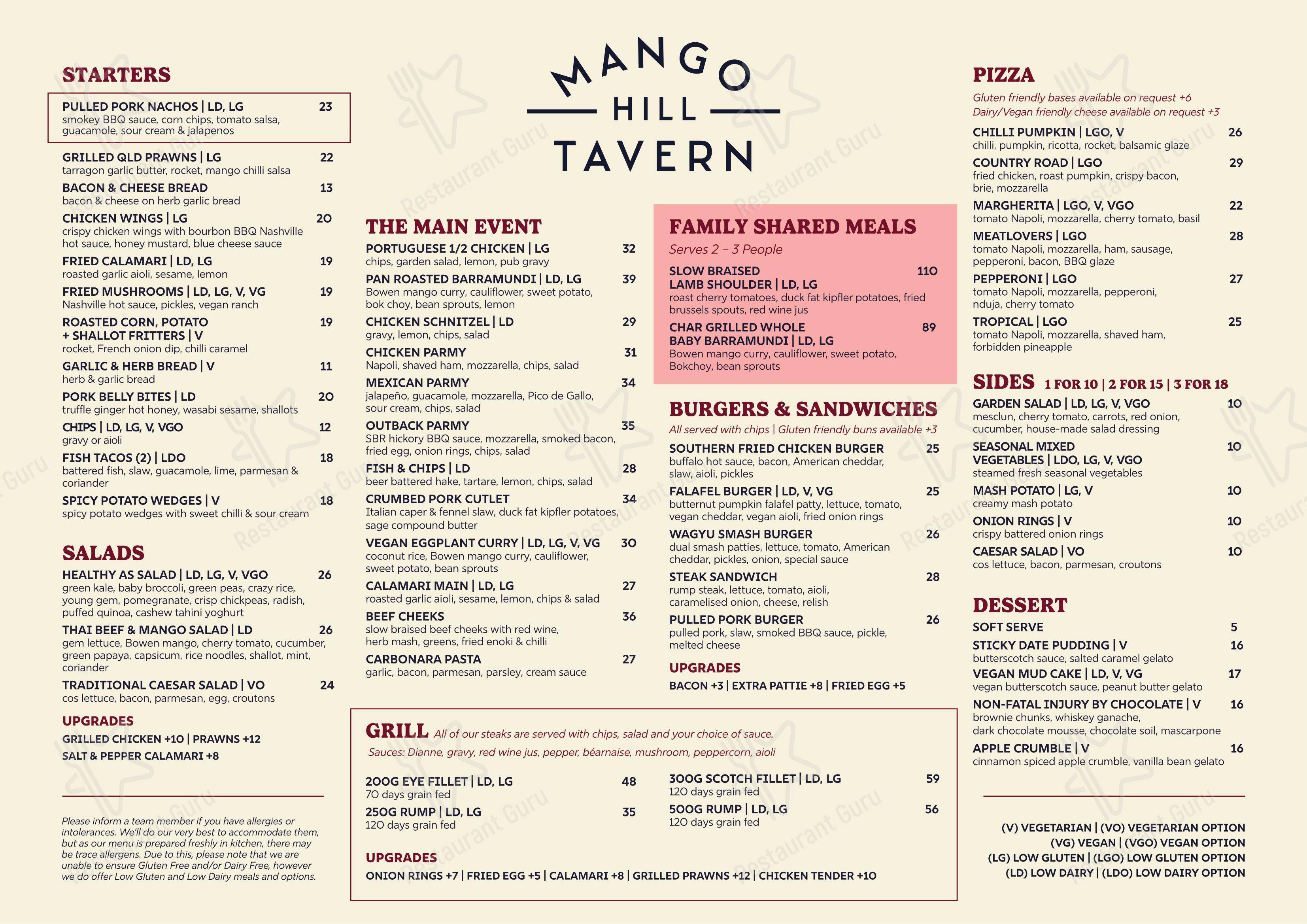 Menu at Mango Hill Tavern restaurant, Mango Hill