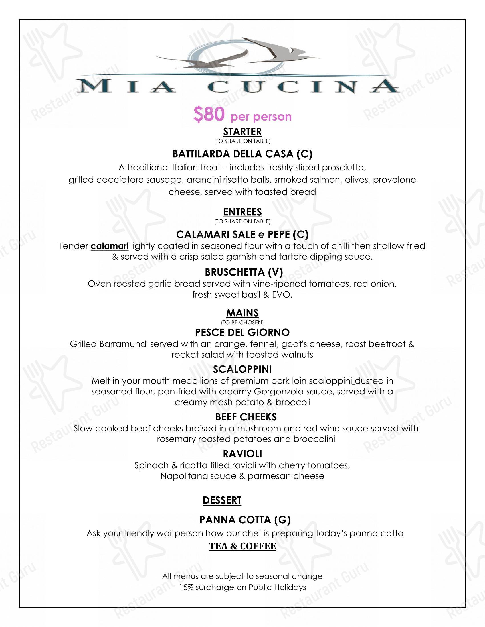 Menu at Mia Cucina Italian Cafe, Hillarys