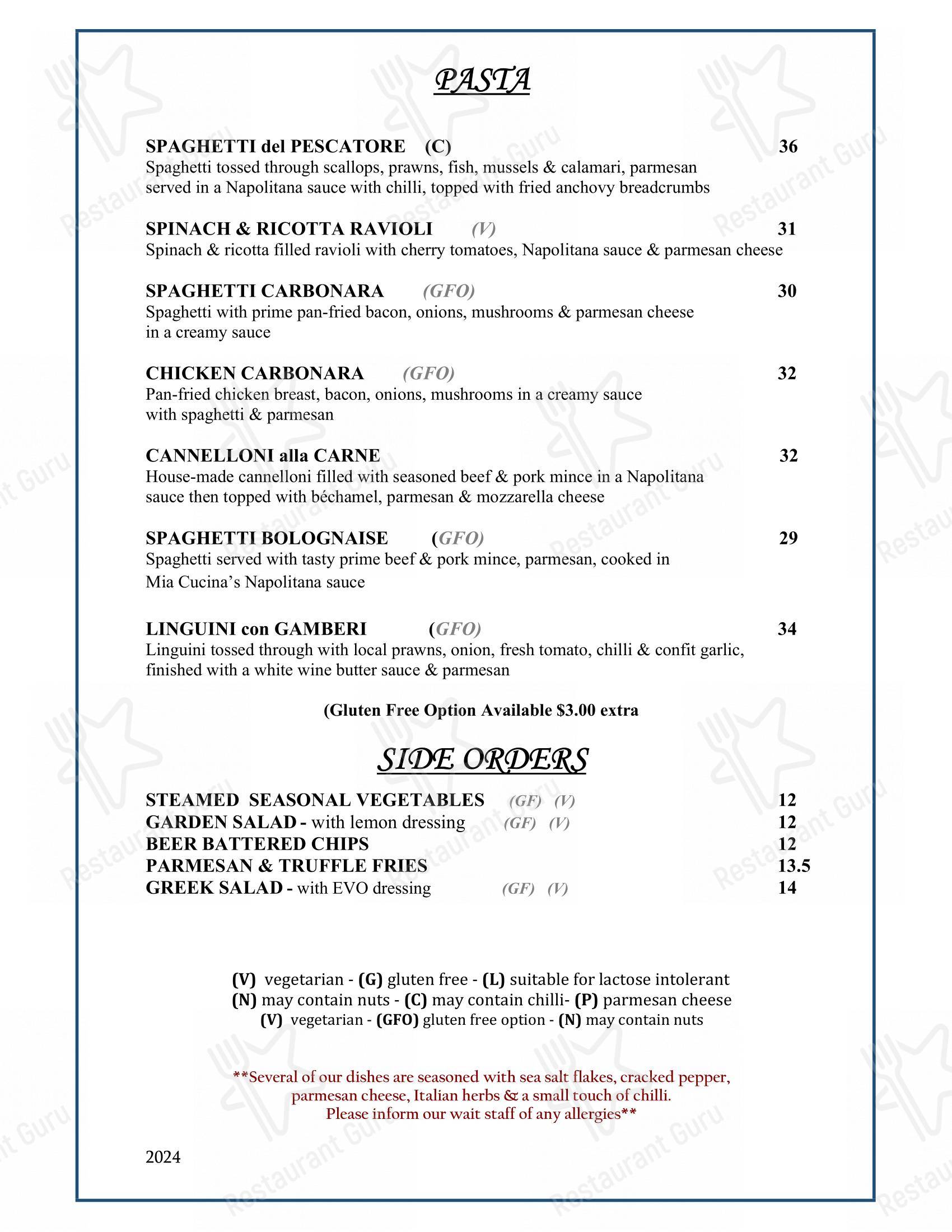 Menu at Mia Cucina Italian Cafe, Hillarys