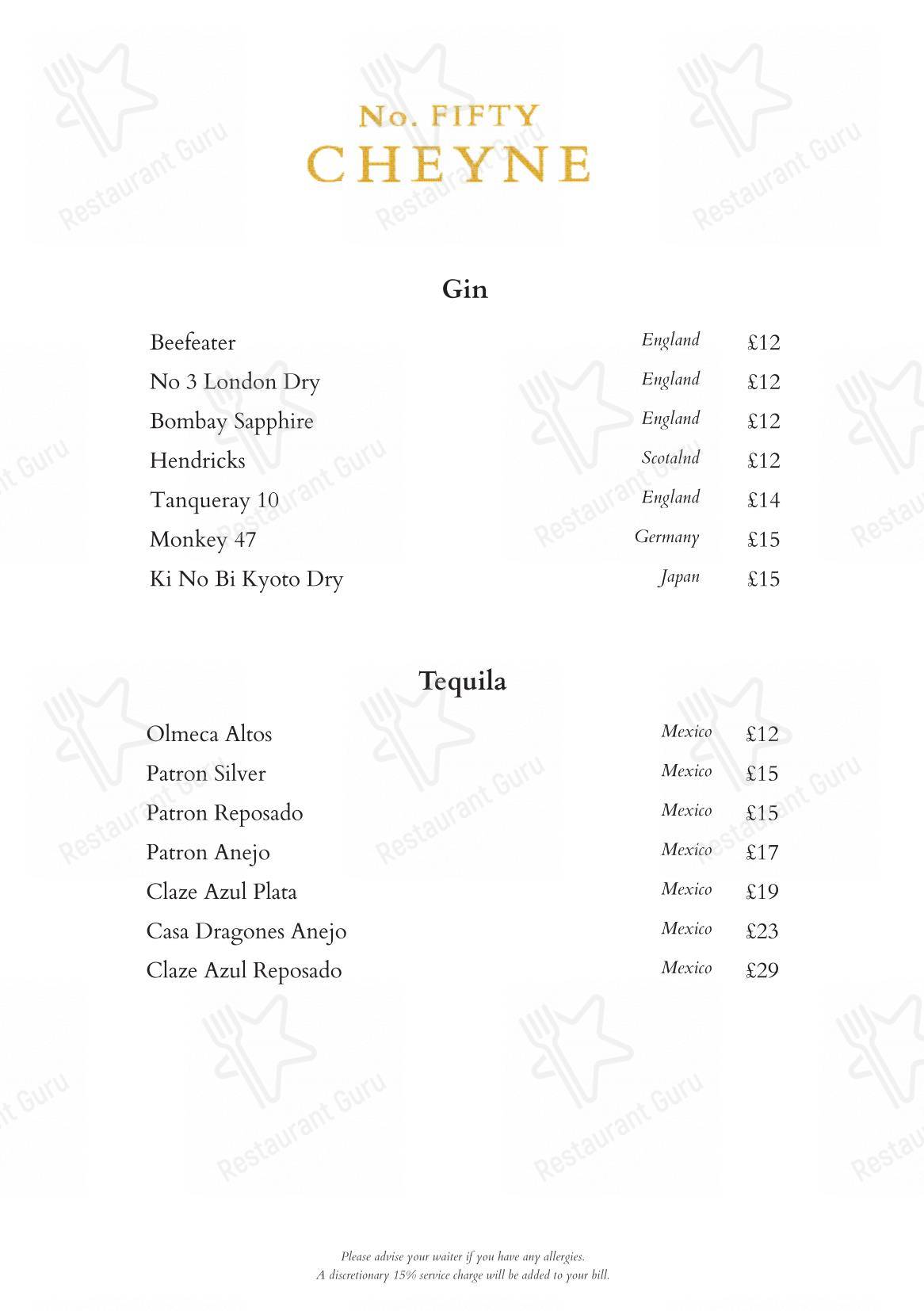 Menu at No. Fifty Cheyne pub & bar, London, 50 Cheyne Walk