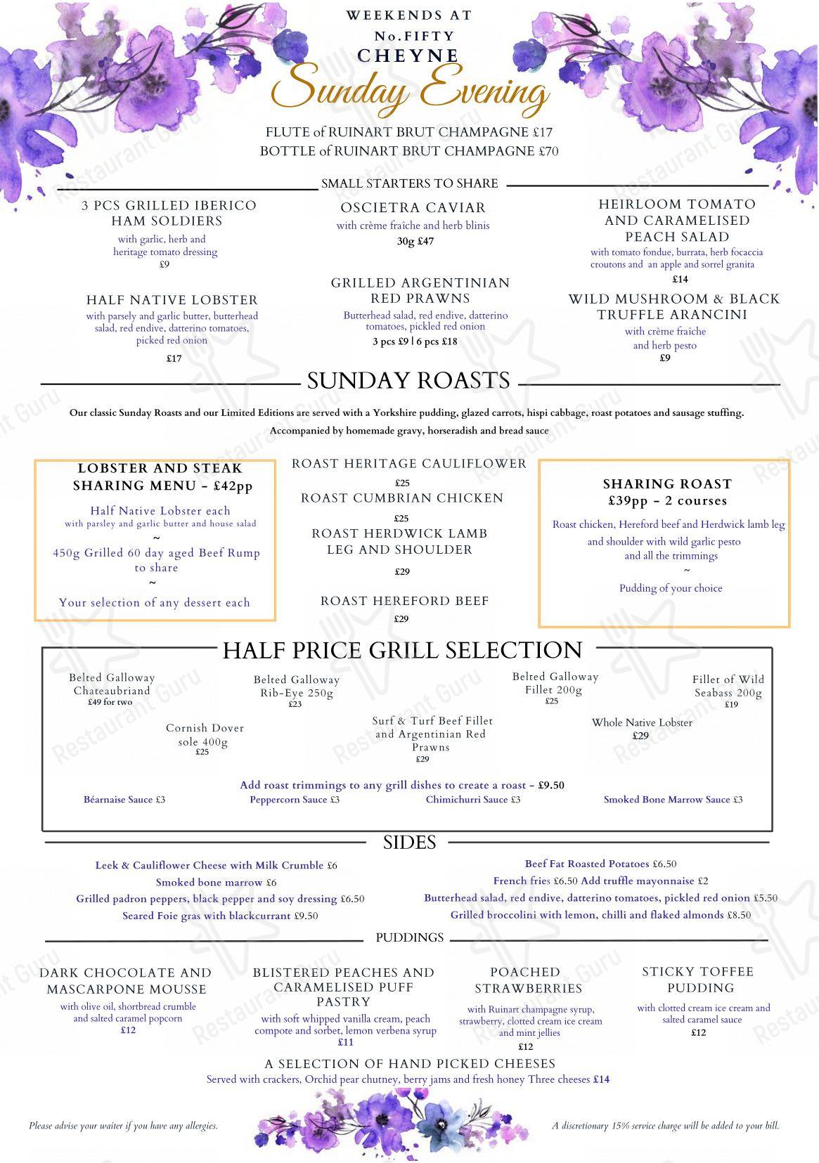 Menu at No. Fifty Cheyne pub & bar, London, 50 Cheyne Walk