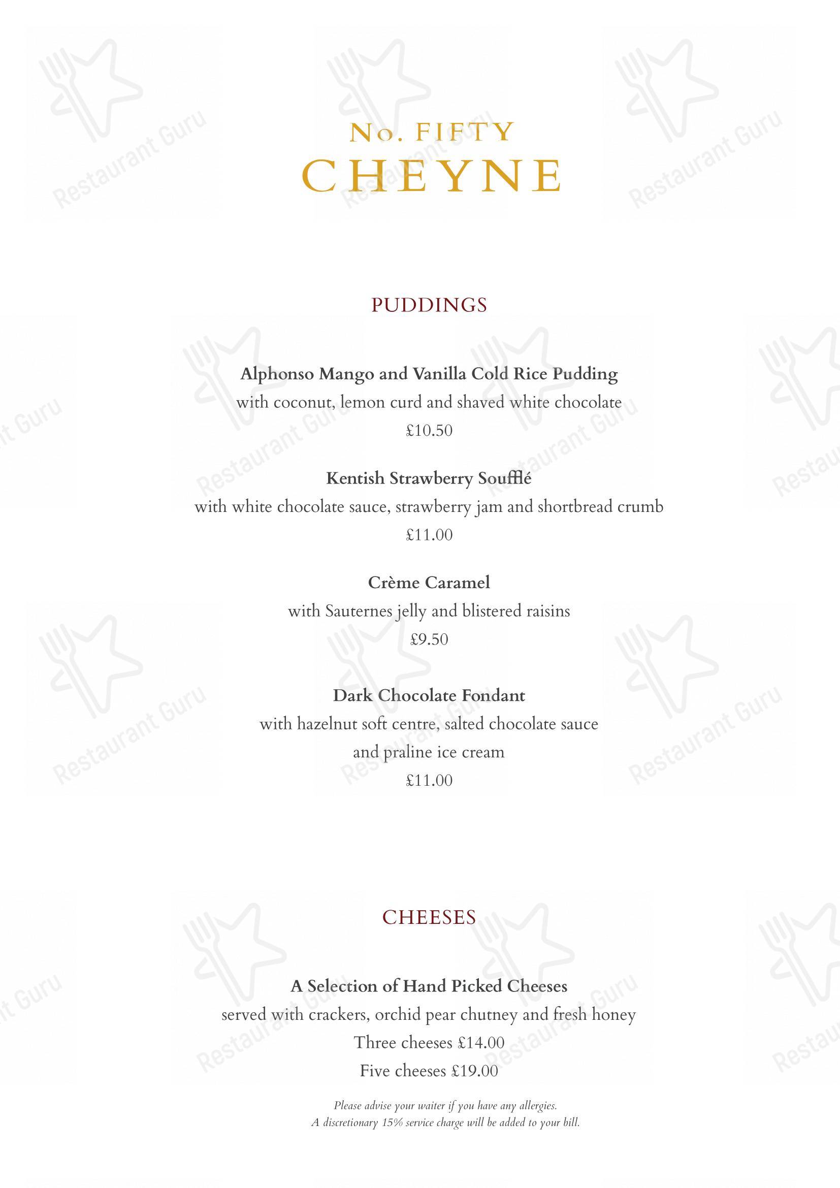 Menu at No. Fifty Cheyne pub & bar, London, 50 Cheyne Walk