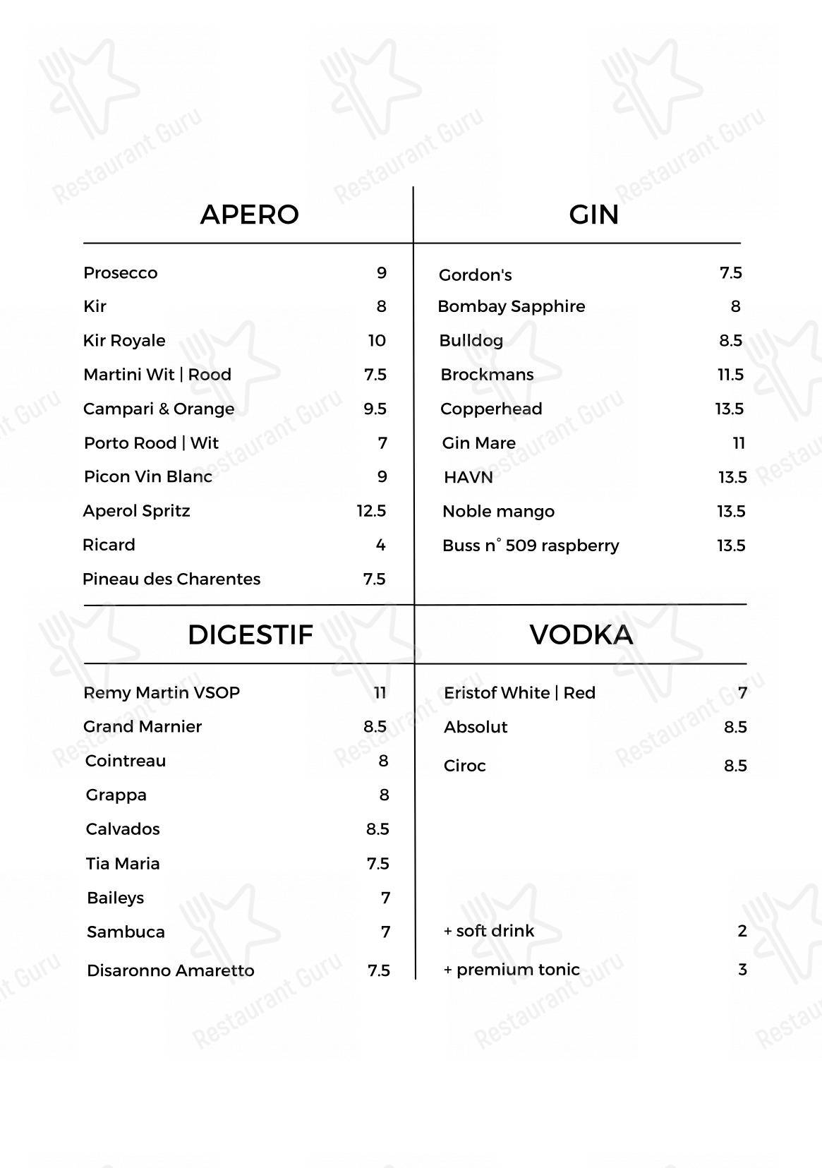 Menu au ODA Rooftop Bar, Bruges