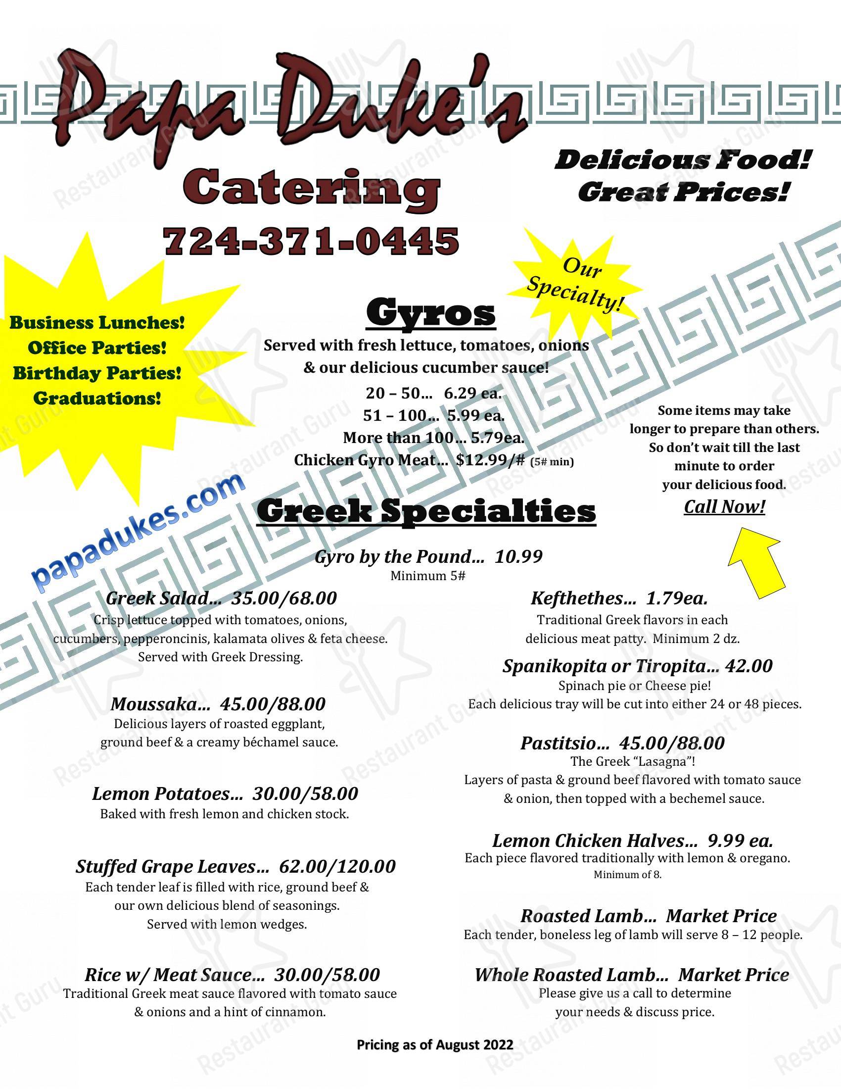Menu at Papa Duke's pub & bar, Aliquippa, Brodhead Rd