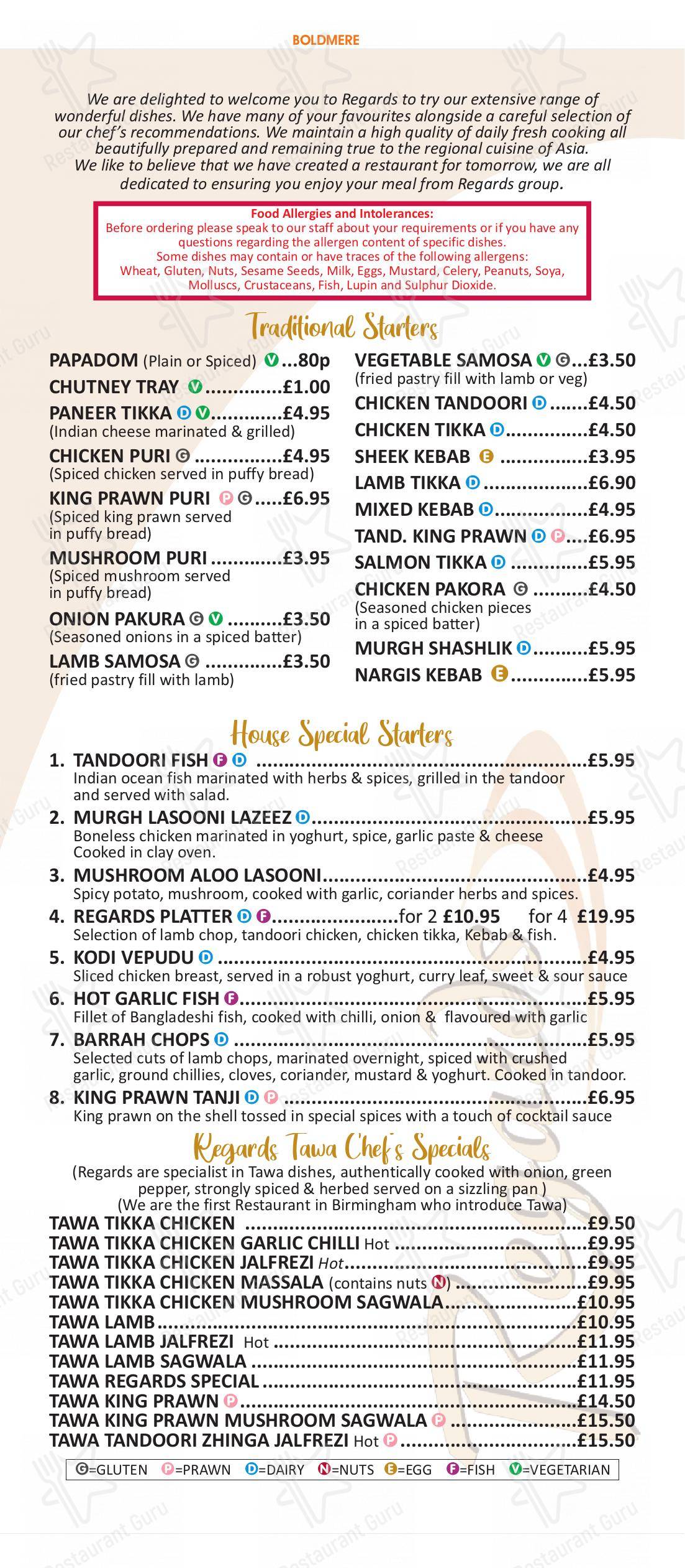 Menu at Regards restaurant, Sutton Coldfield, 110-116 Boldmere Rd