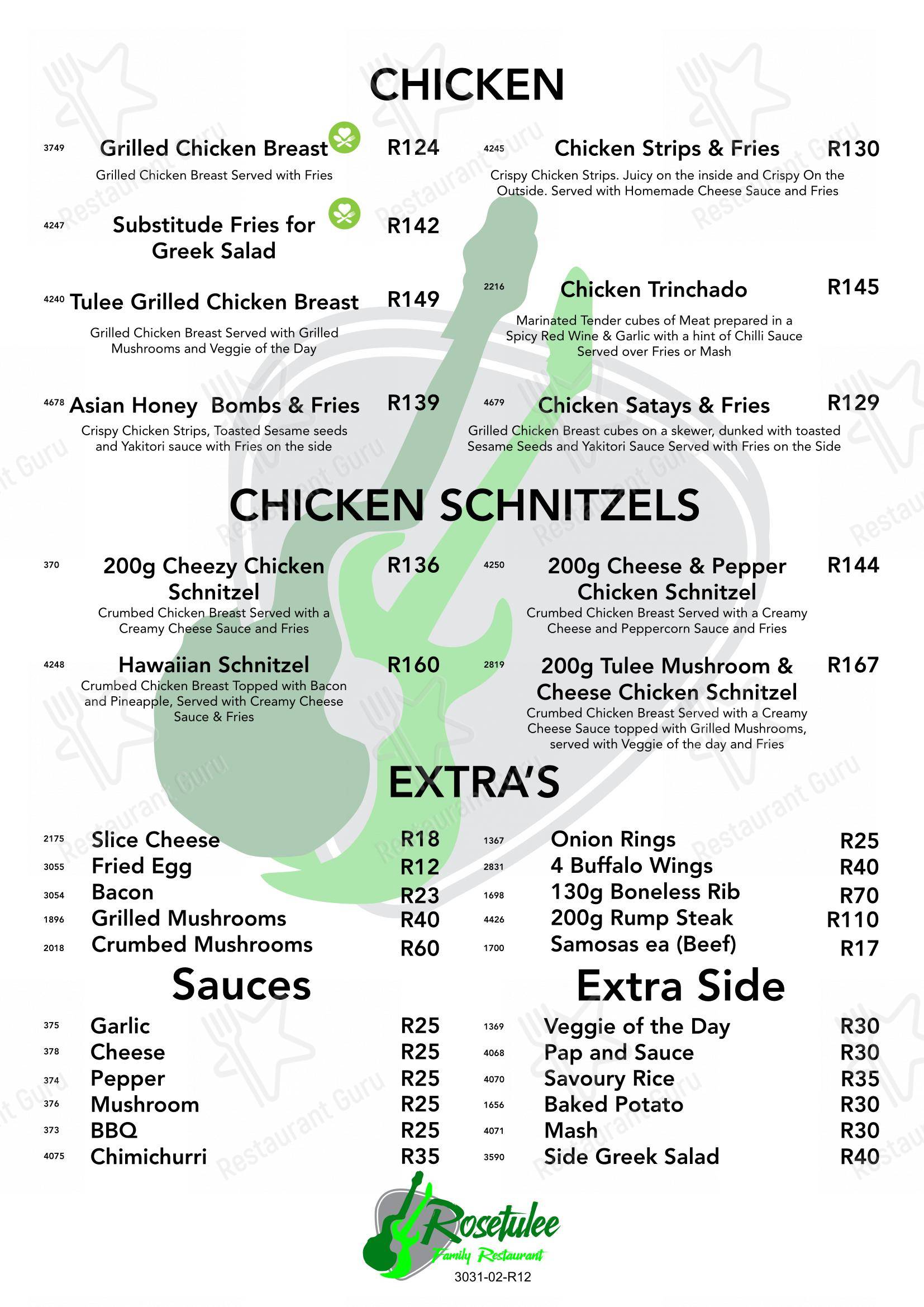 Menu at Rose Tulee pub & bar, Brakpan