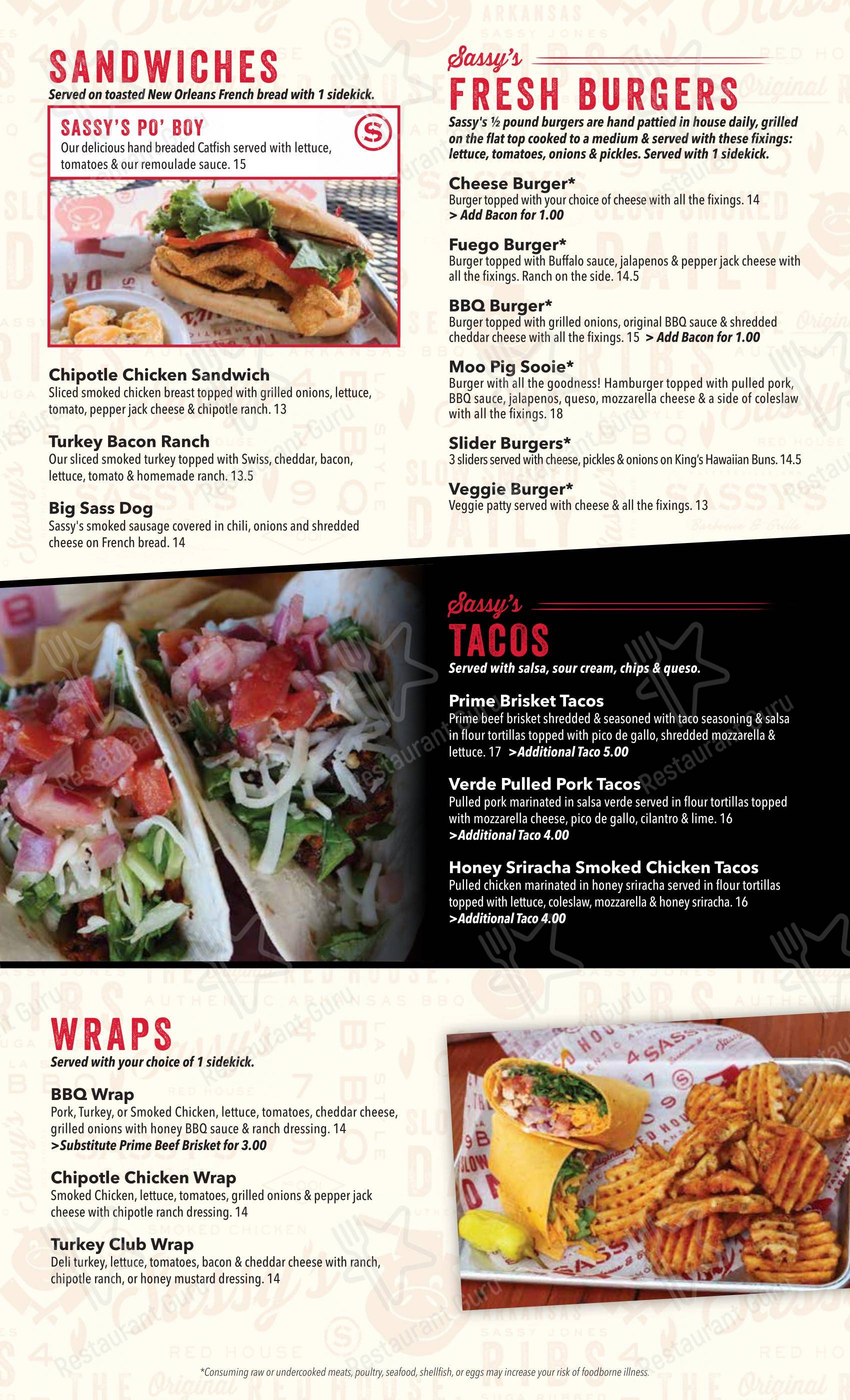Menu at Sassy's Red House BBQ, Fayetteville