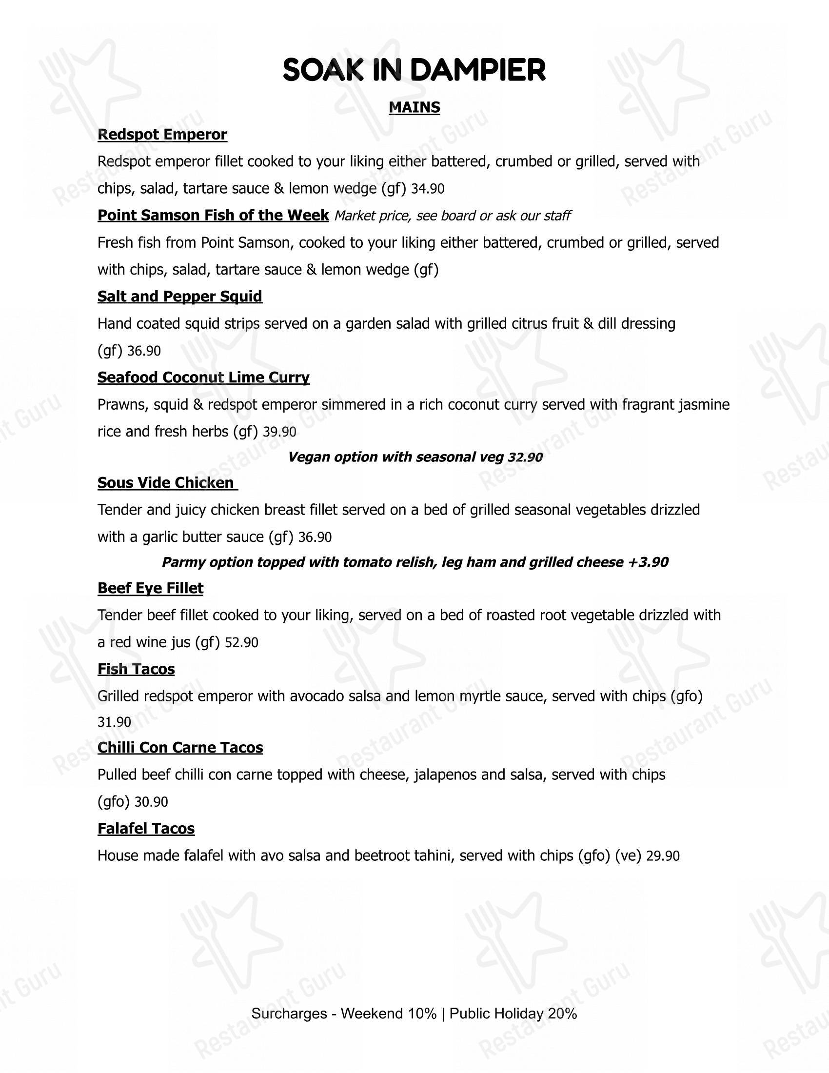 Menu at Soak In Dampier cafe, Dampier