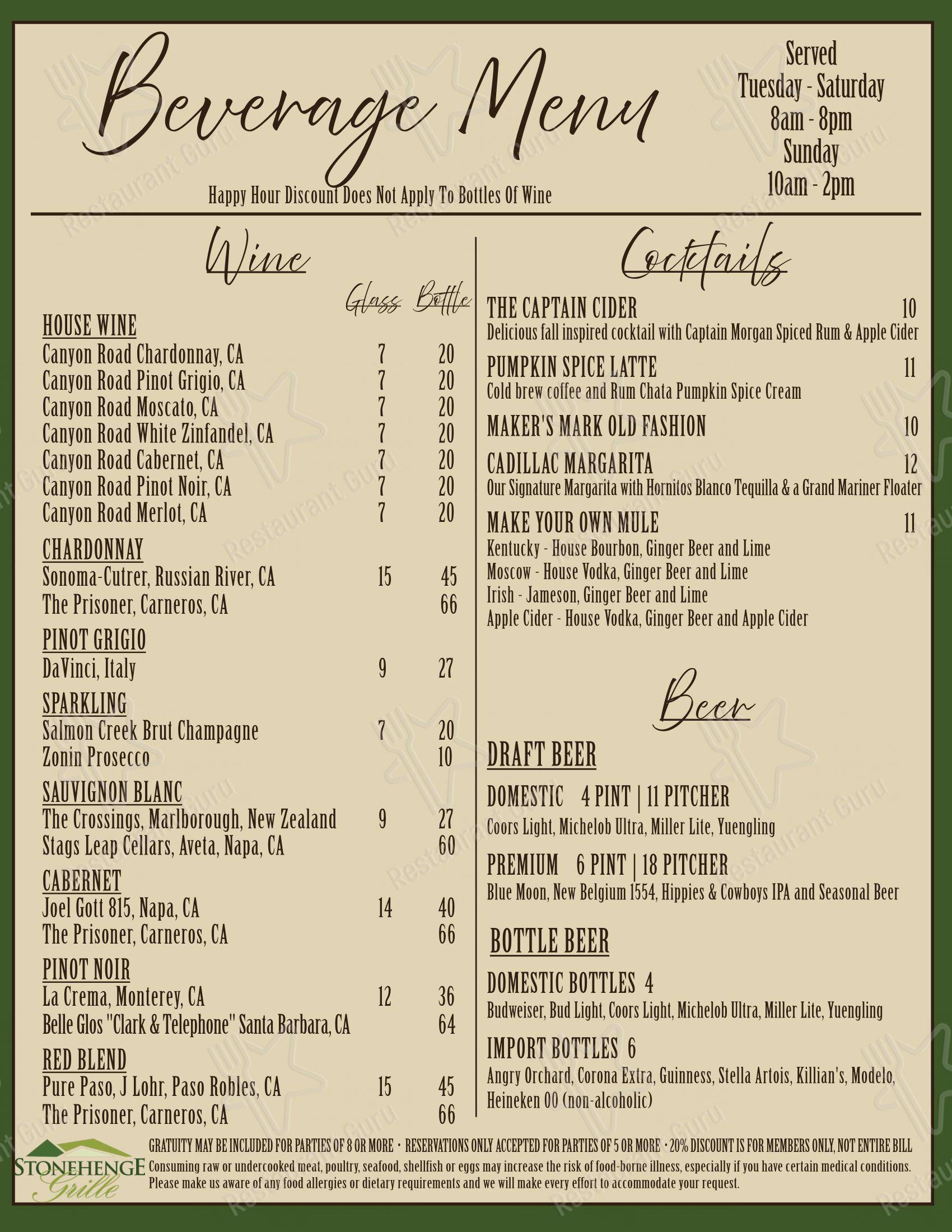 Menu at Stonehenge Grille restaurant, Fairfield Glade, 222 Fairfield Blvd