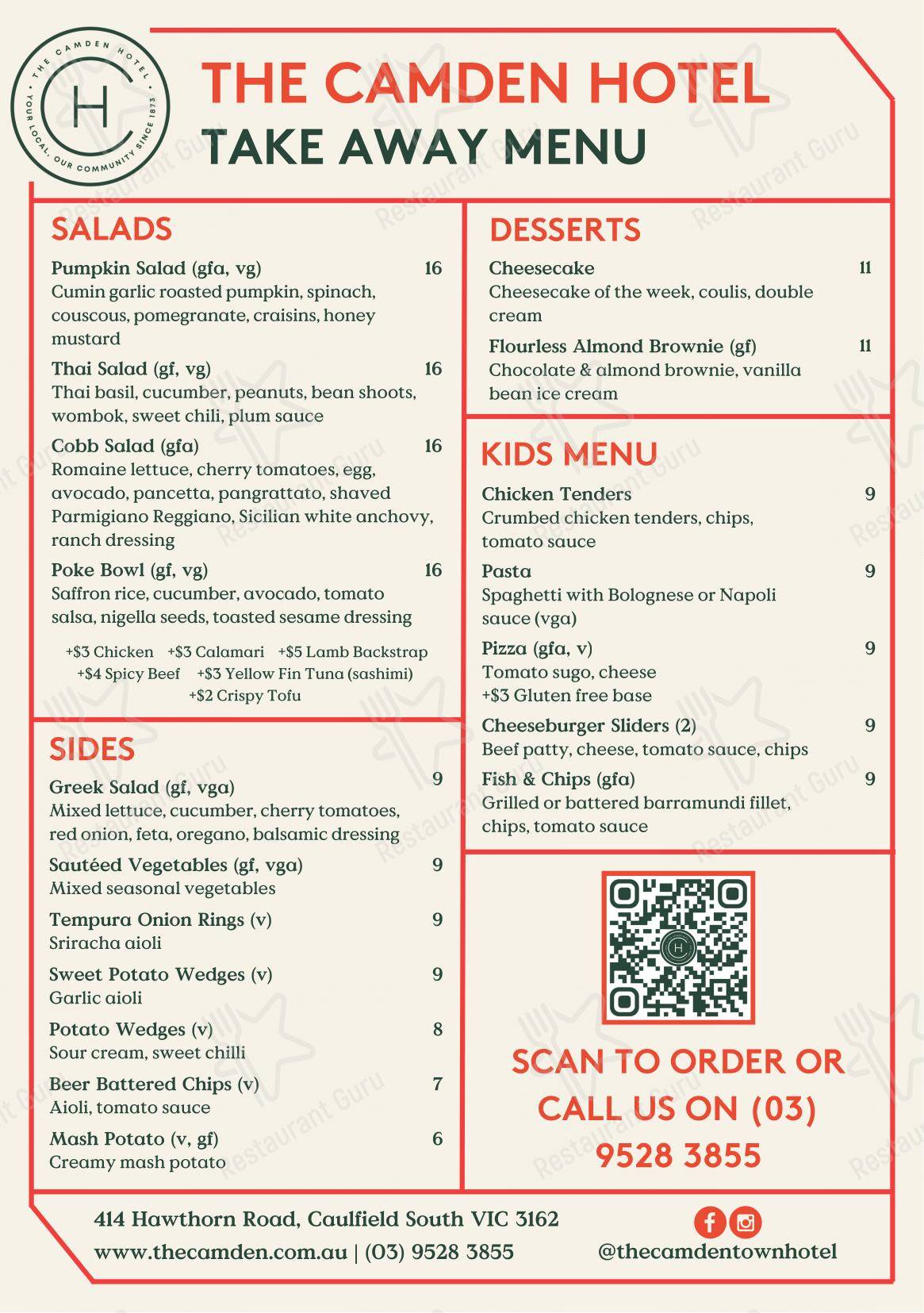 Menu at The Camden Hotel pub & bar, Caulfield South