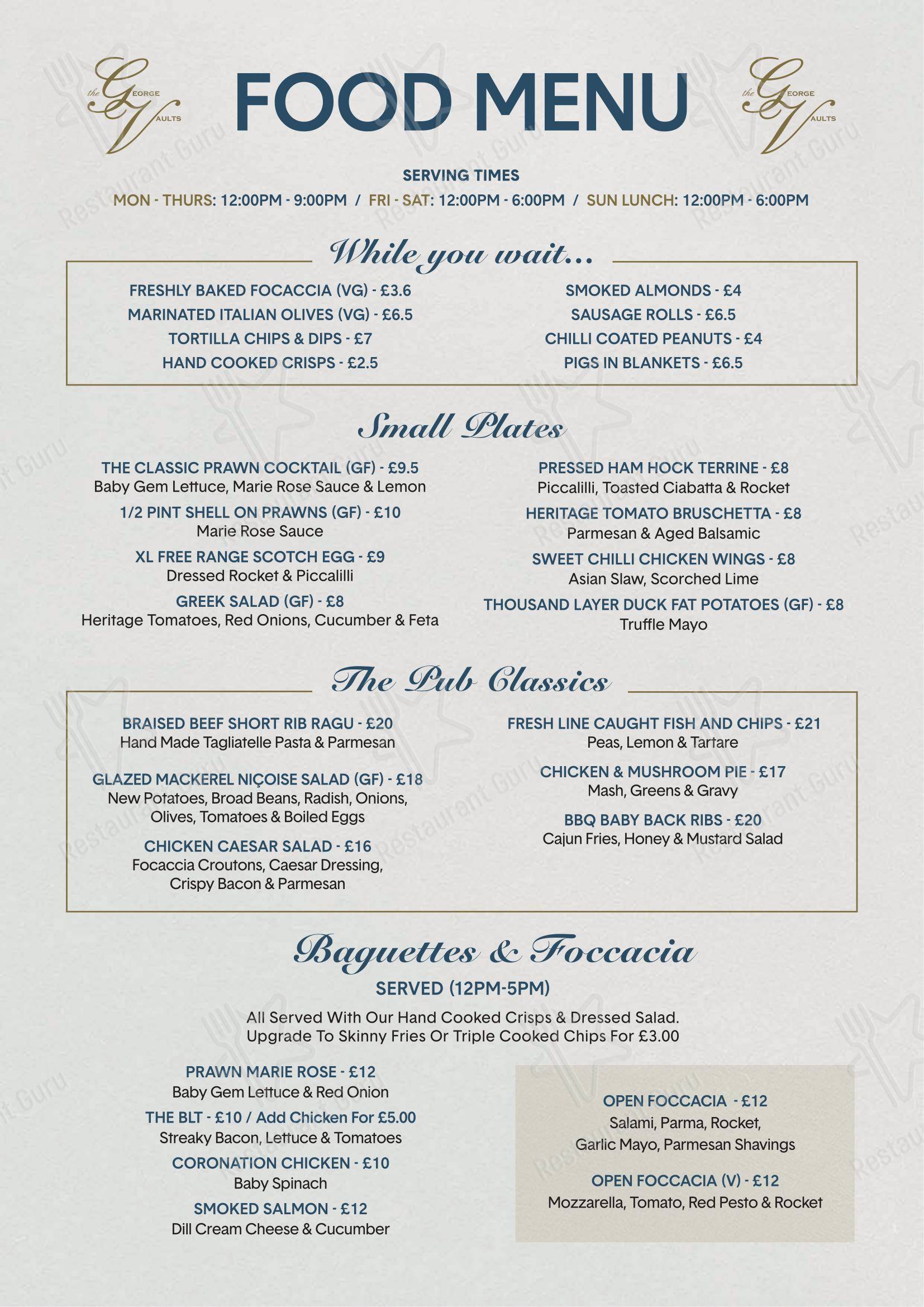 Menu at The George Vaults restaurant, Rochester
