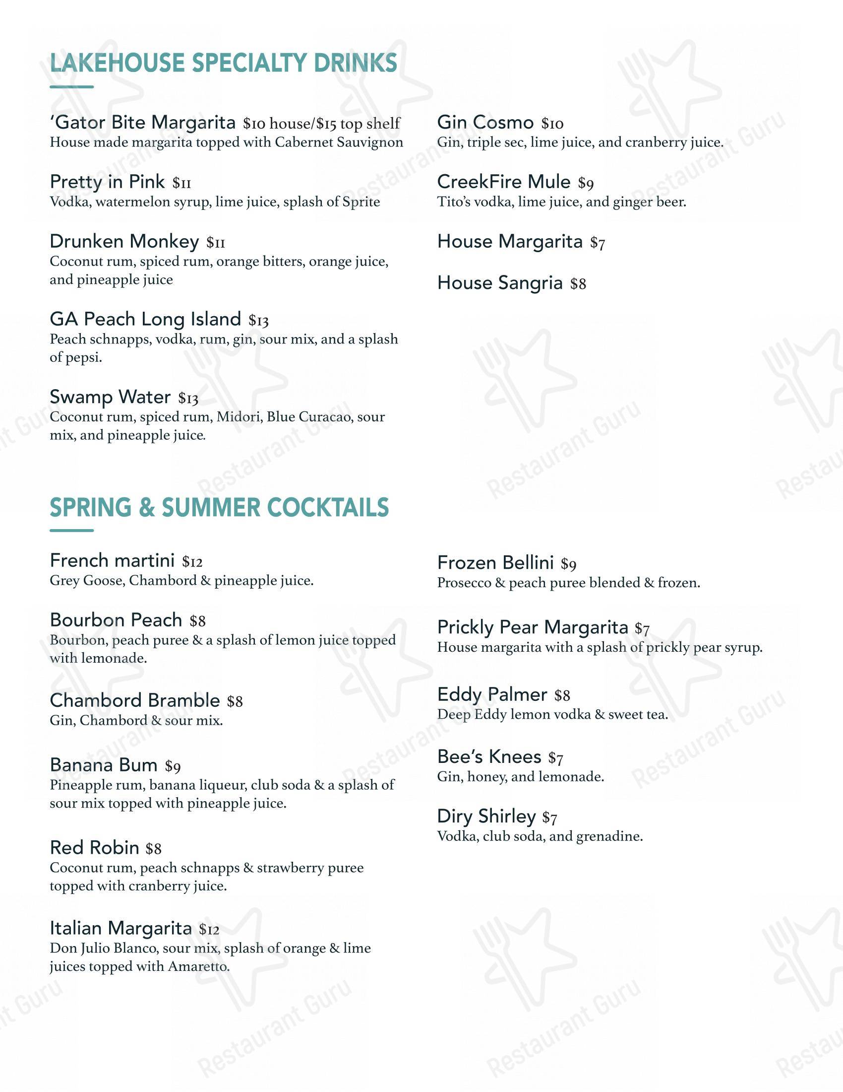 Menu at The Lake House pub & bar, Savannah