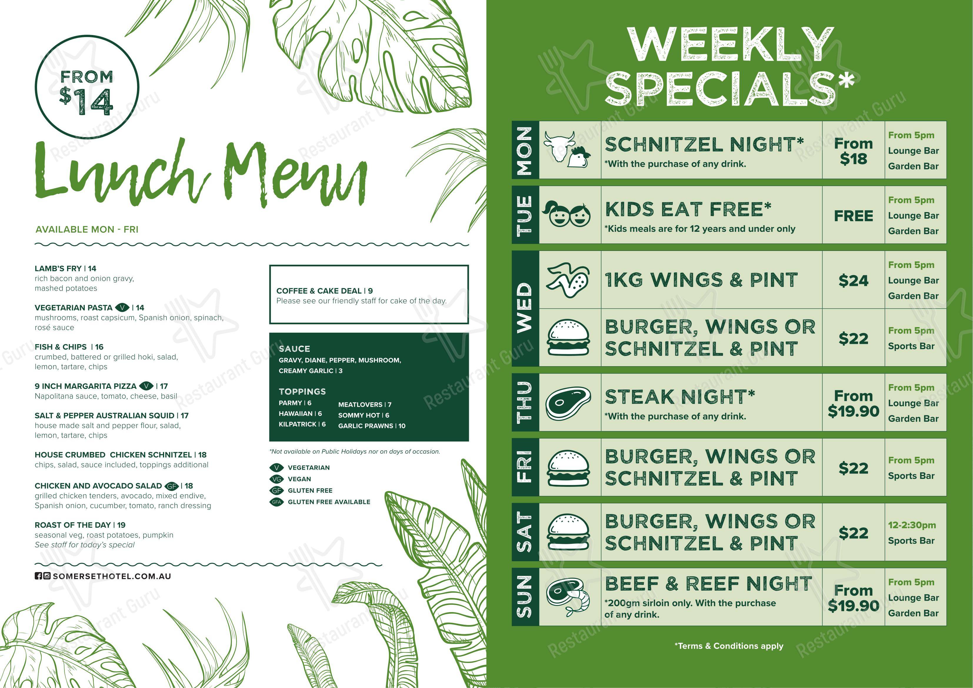 Menu at The Somerset Hotel pub & bar, Para Hills