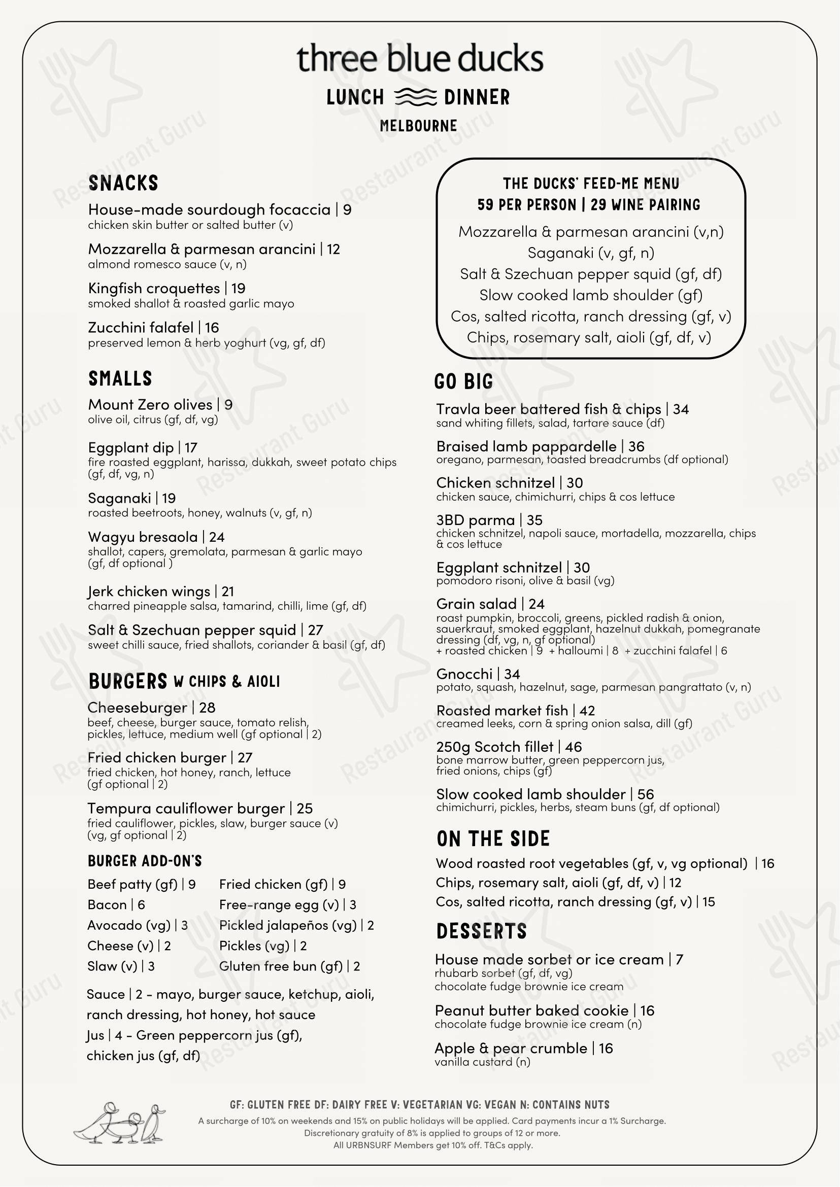 Menu at Three Blue Ducks, Melbourne restaurant, Tullamarine