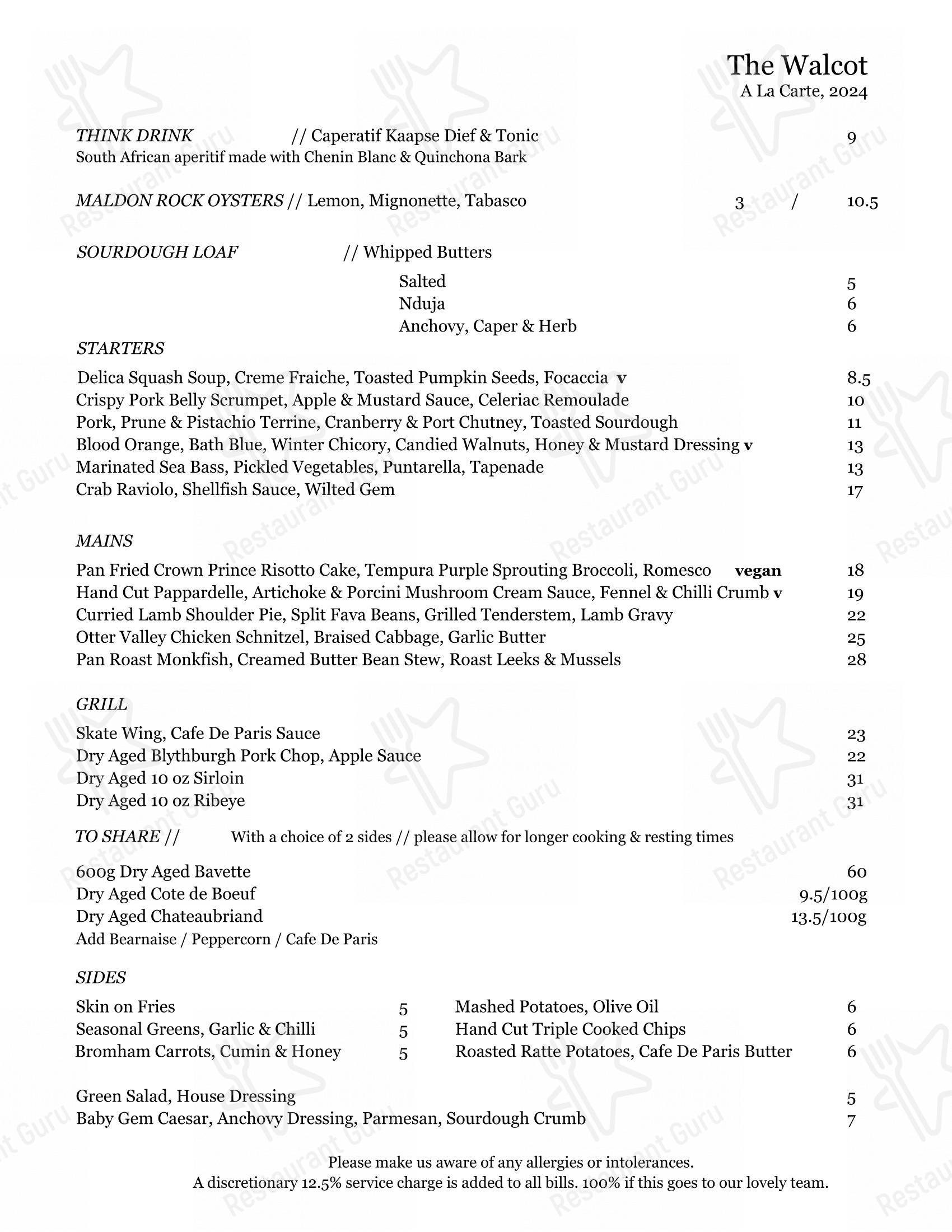 Menu at Walcot House restaurant, Bath