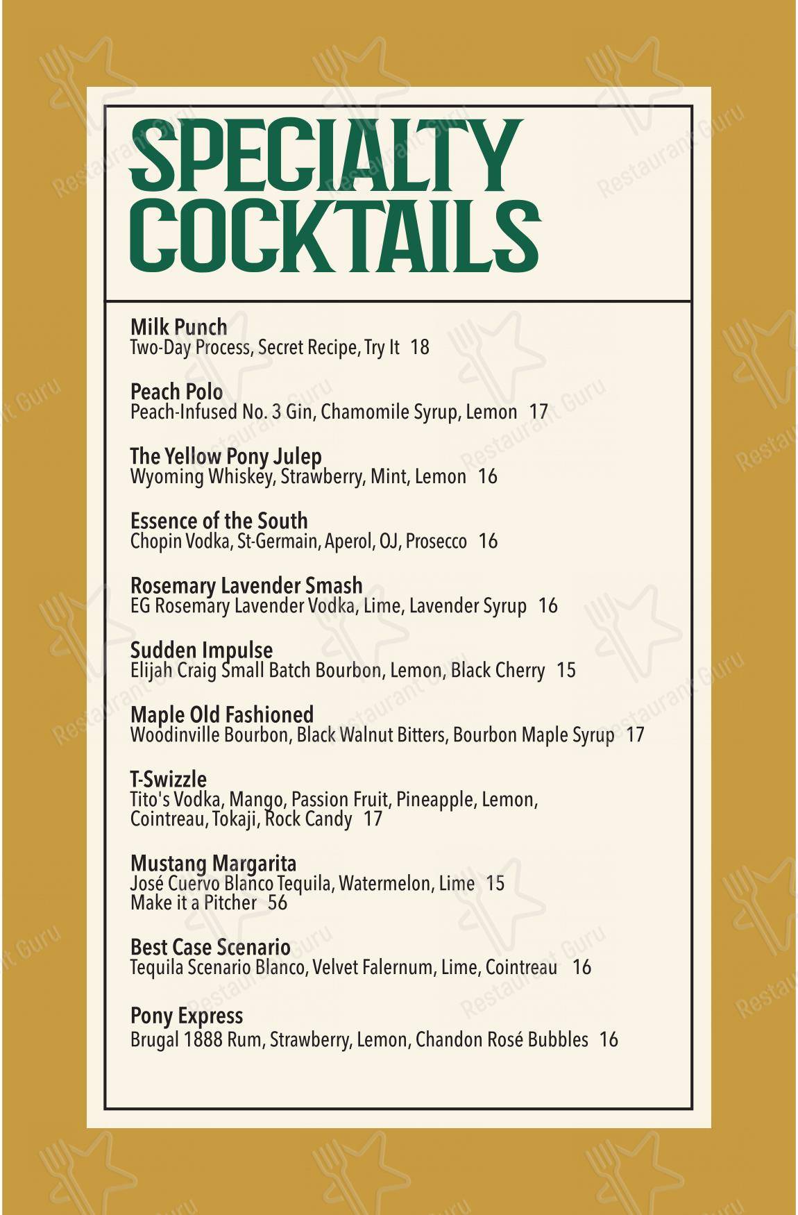 Menu at Yellow Pony Pub and Garden, Ocala