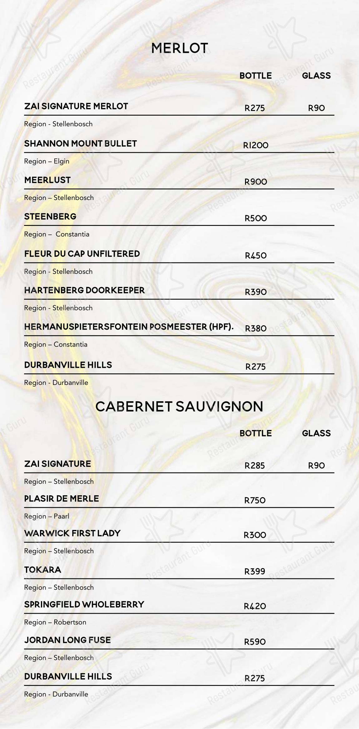 Menu at Zai Restaurant Durban, Durban