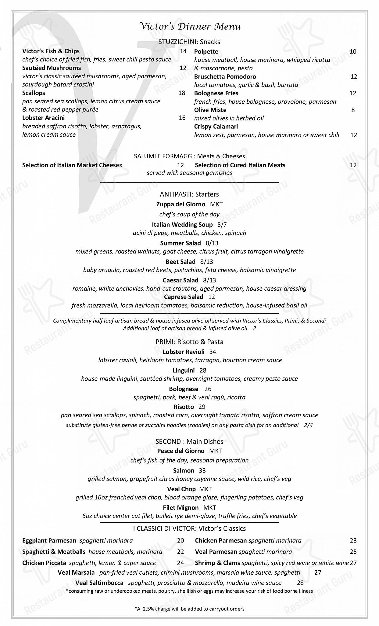 Menu at Victor's Italian Restaurant, York