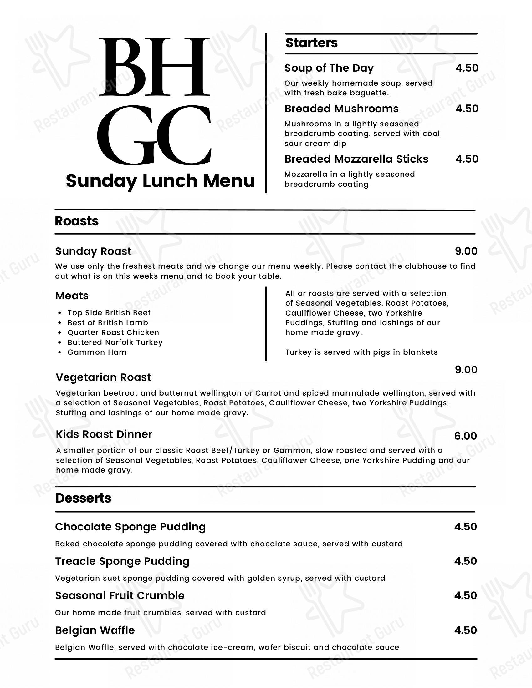 Menu at The Restaurant Bulwell Hall Golf Club, Nottingham
