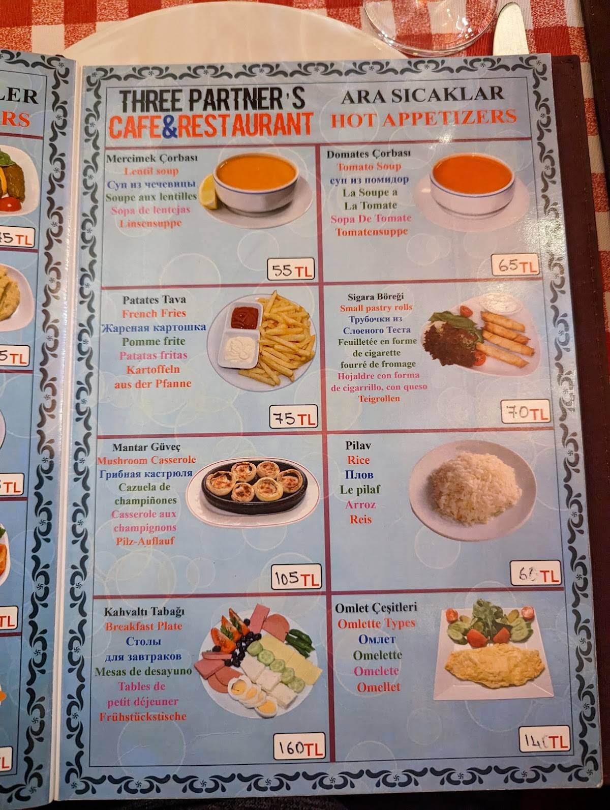 Carta de three partners cafe & restaurant, Estambul