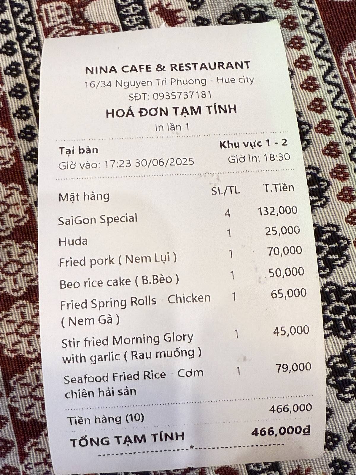 Menu at Nina's Cafe-Vietnamese Restaurant, Hue