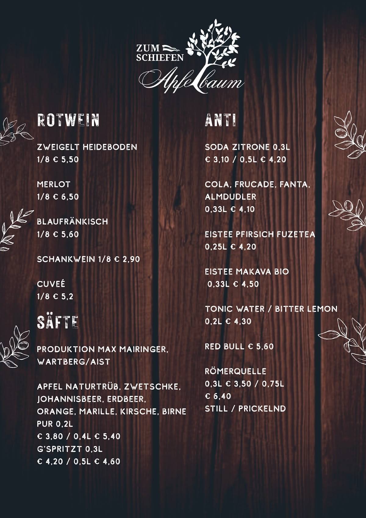 Speisekarte von Gasthaus Zum Schiefen Apfelbaum restaurant, Linz