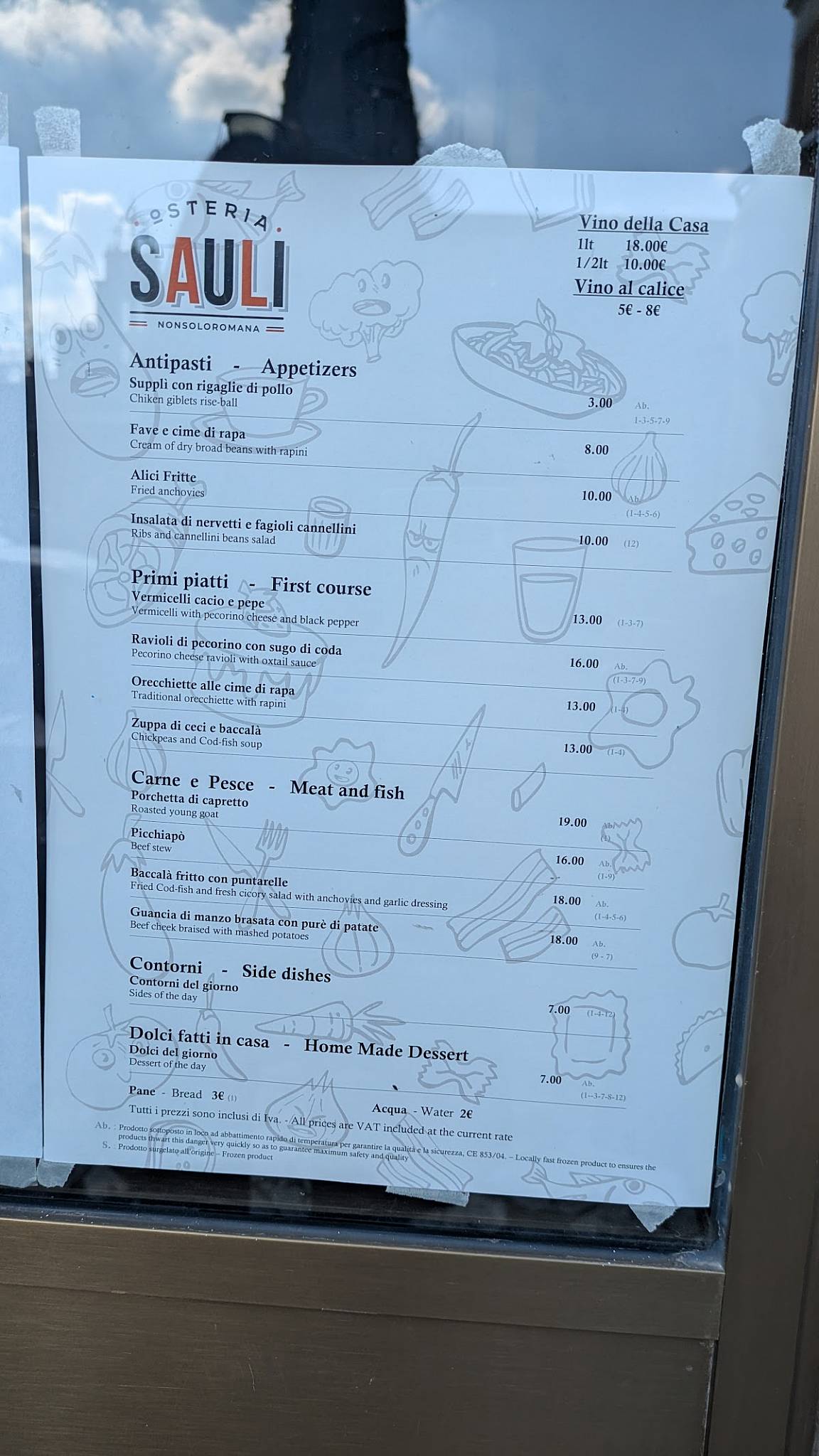 Menu au Osteria Sauli restaurant, Rome