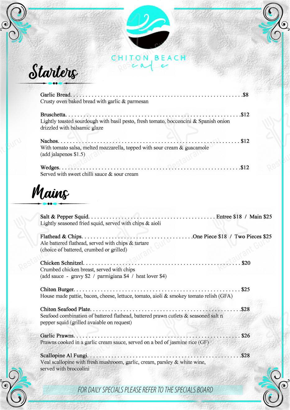 Menu at The chiton beach cafe, Hayborough