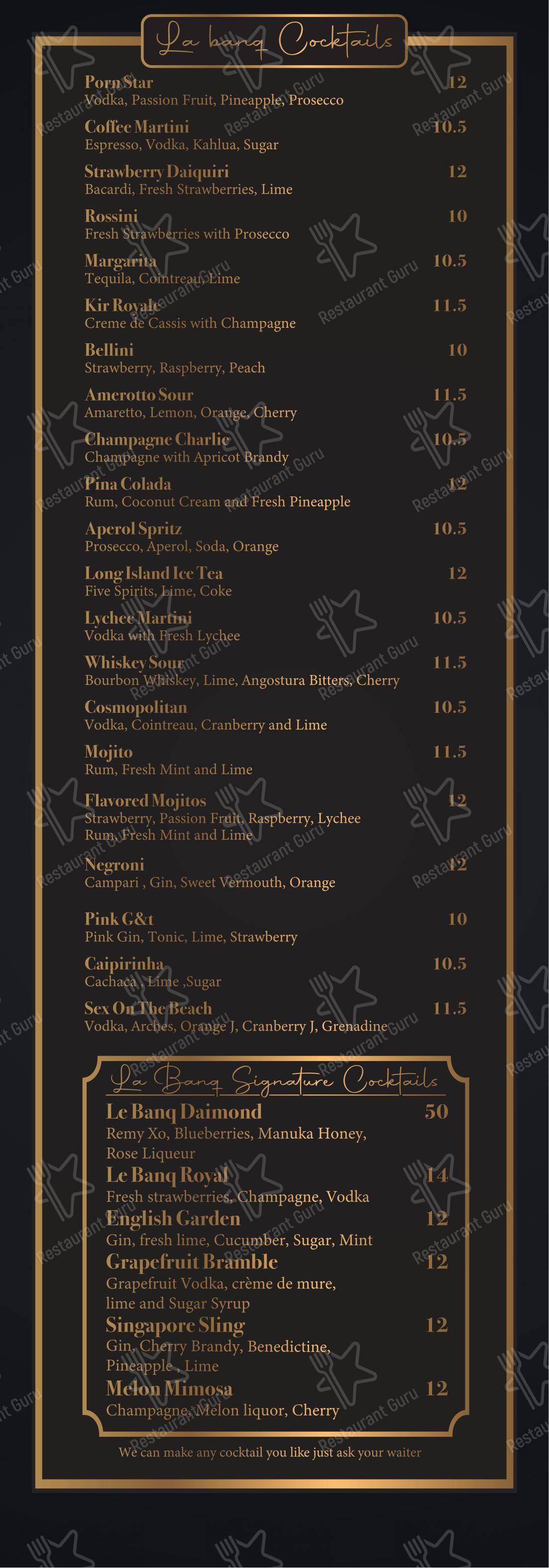 Menu at LA BANQ restaurant, Abbots Langley