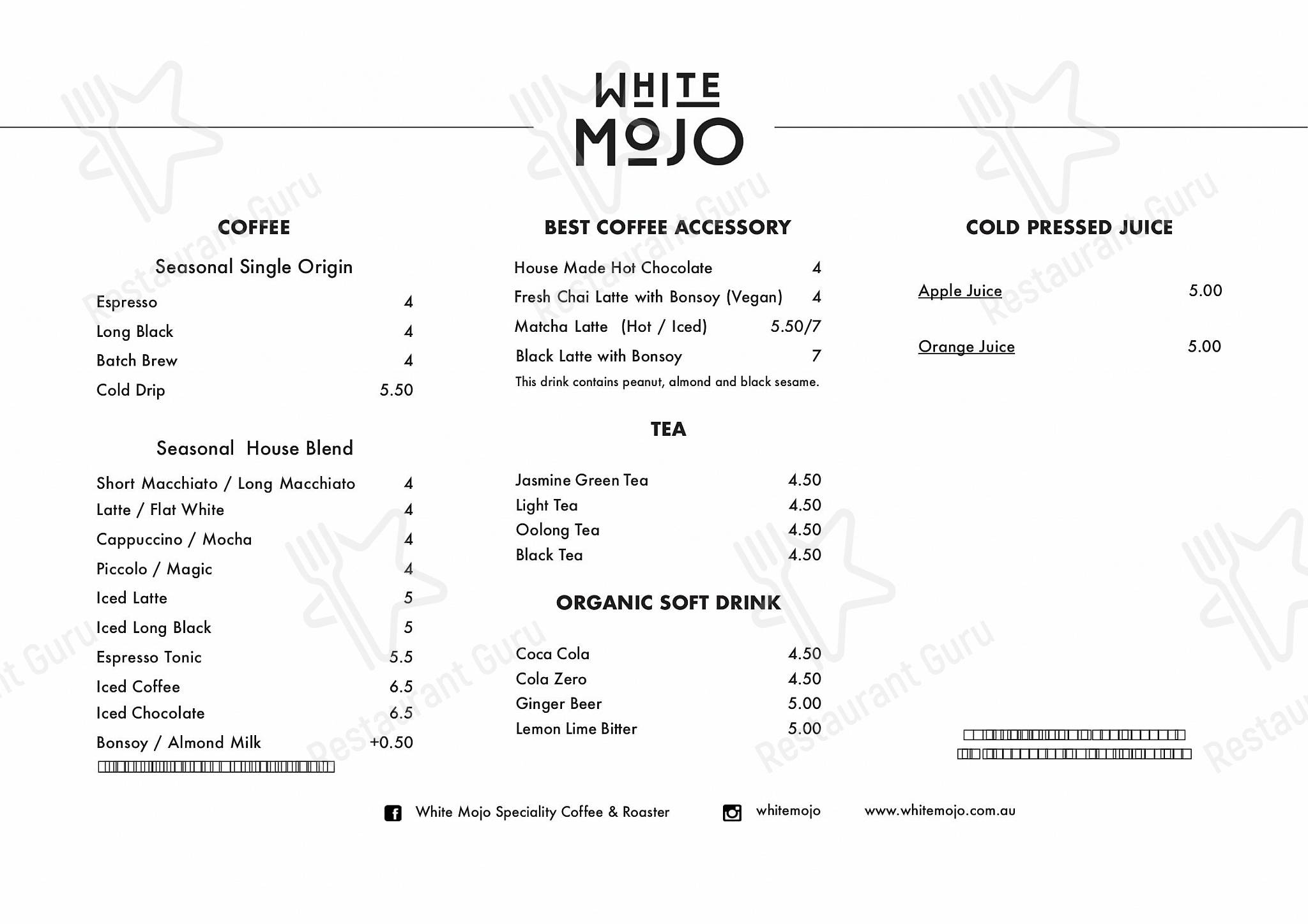 Menu at White Mojo cafe, Ringwood