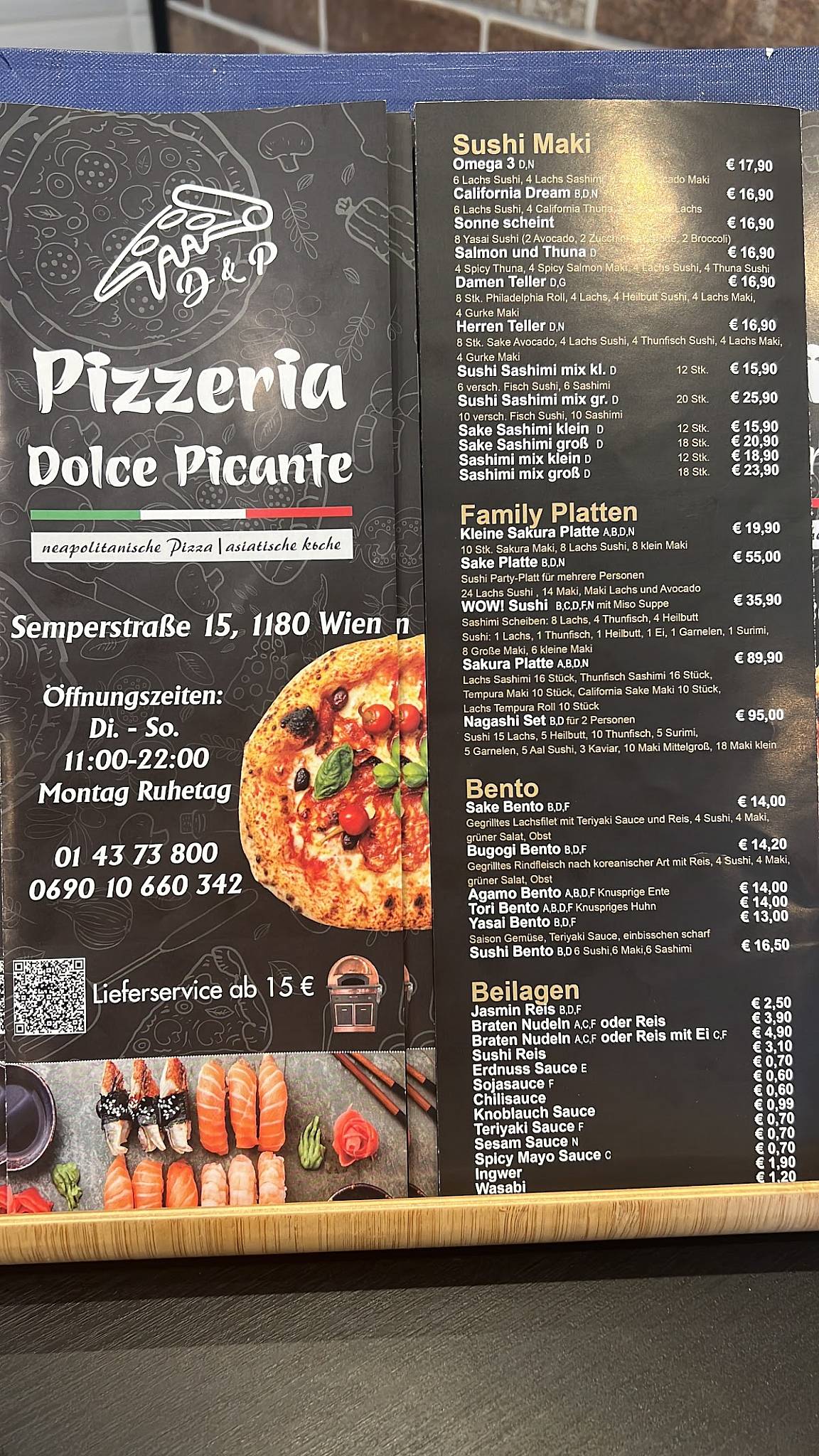 Menu at pizzeria Dolce picante, Vienna