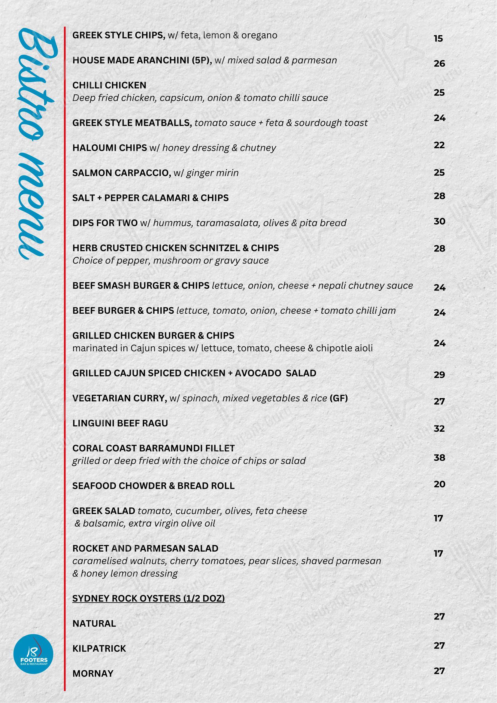 Menu at 18 Footers Bar, Restaurant & Cafe, Double Bay