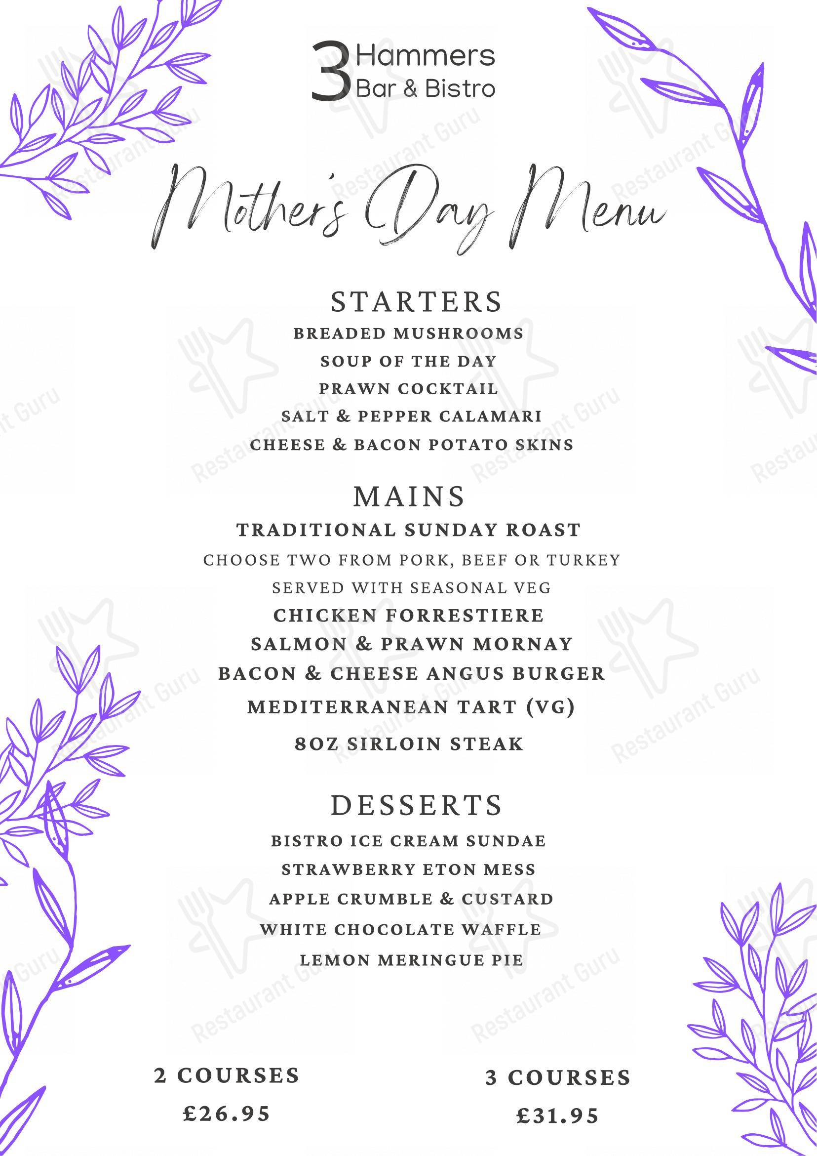 Menu at 3 Hammers Bar & Bistro Ltd, Wolverhampton
