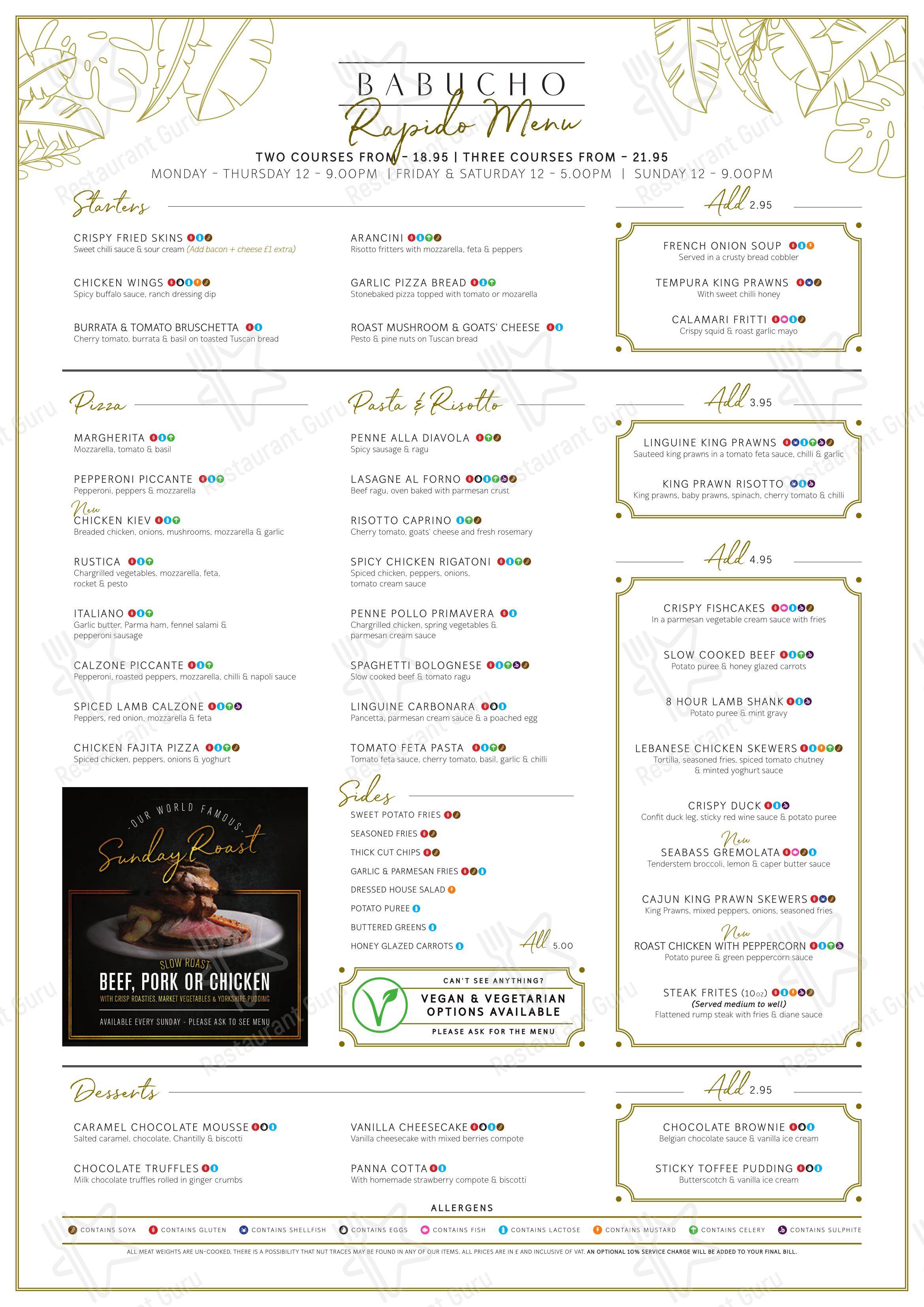 Menu at Babucho Quayside restaurant, Newcastle upon Tyne, Tyne House