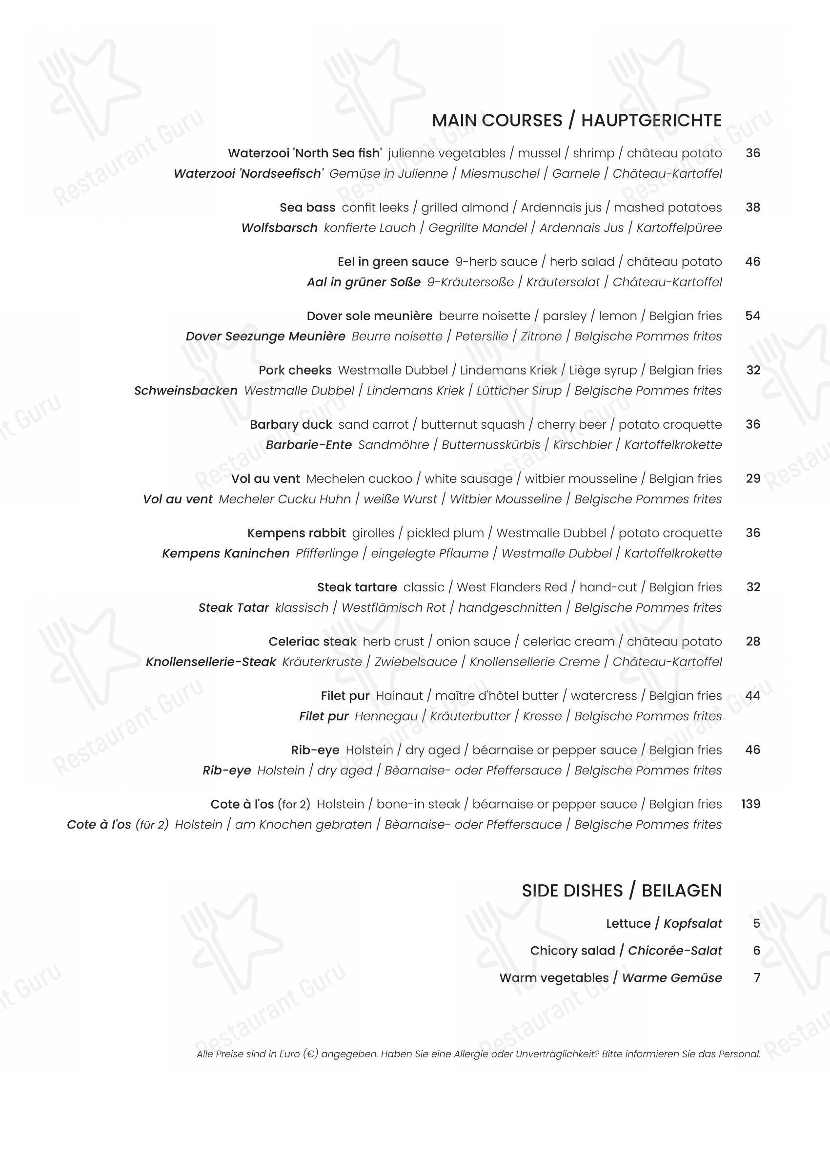 Menu at Belga Queen, Brussels, Rue du Fossé aux Loups 32
