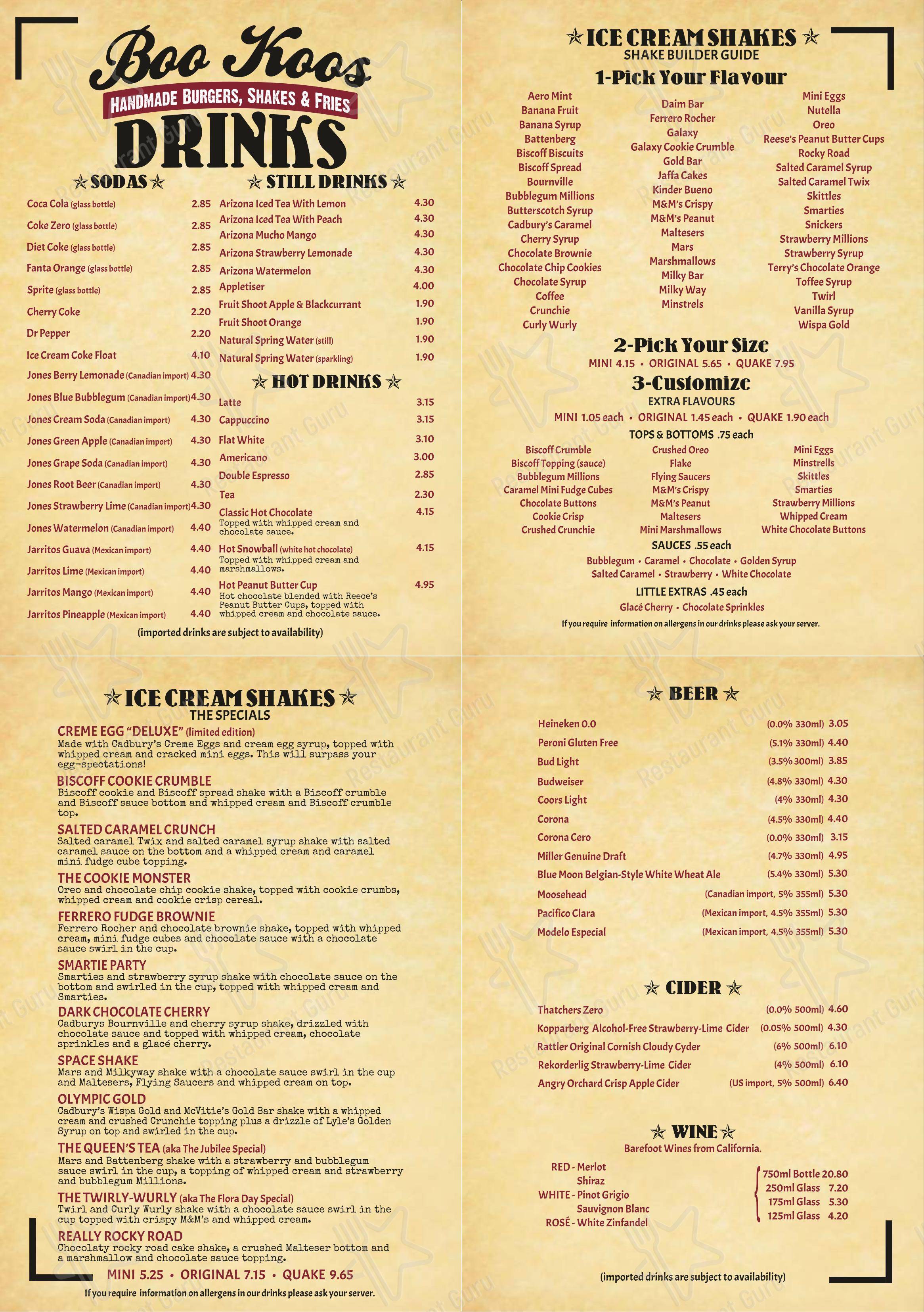 Menu at Boo Koos restaurant, Helston