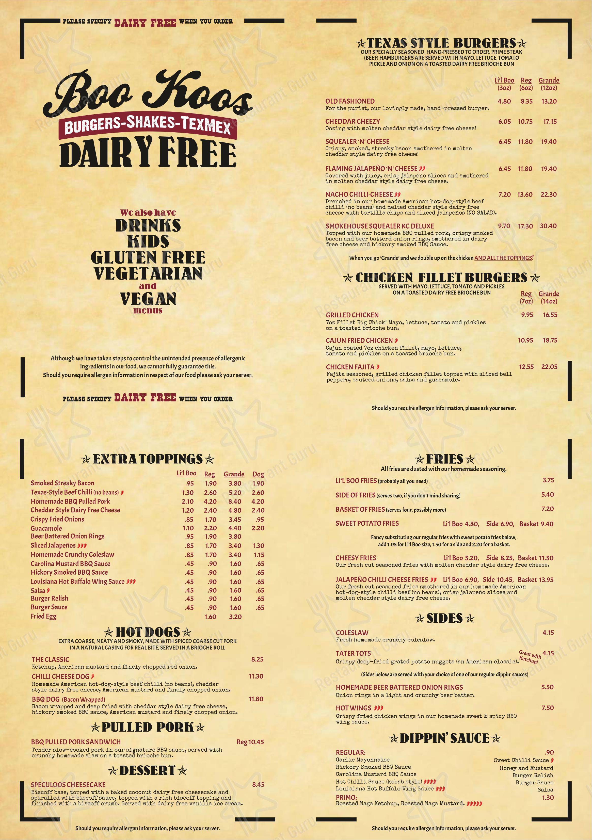Menu at Boo Koos restaurant, Helston