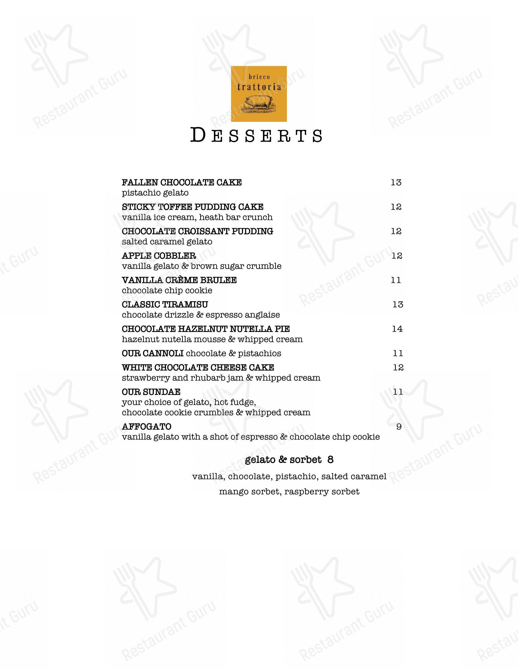 Menu at Bricco Trattoria restaurant, Glastonbury