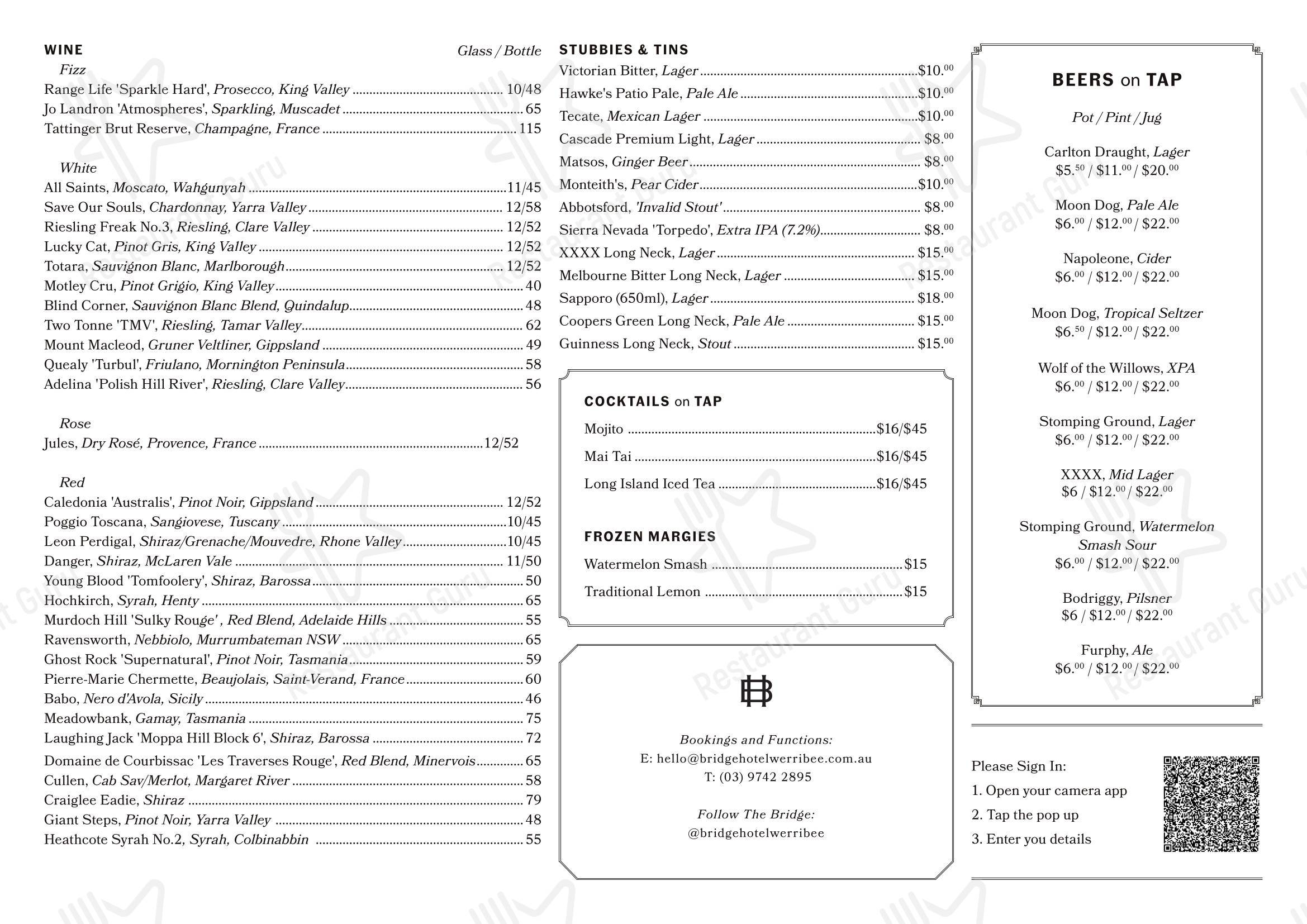Menu at Bridge Hotel Werribee restaurant, Werribee