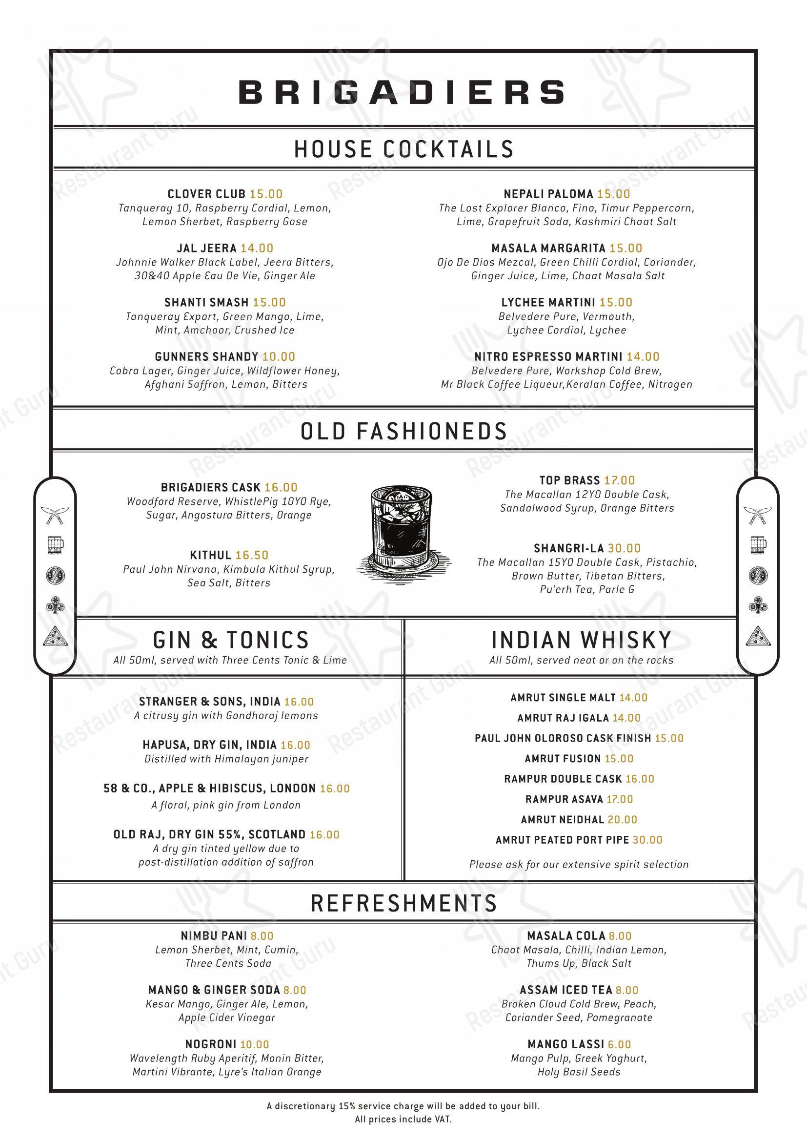 Menu at Brigadiers restaurant, London
