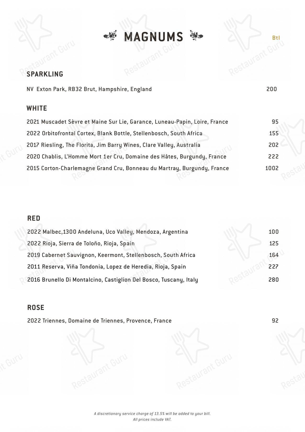 Menu at Brigadiers restaurant, London