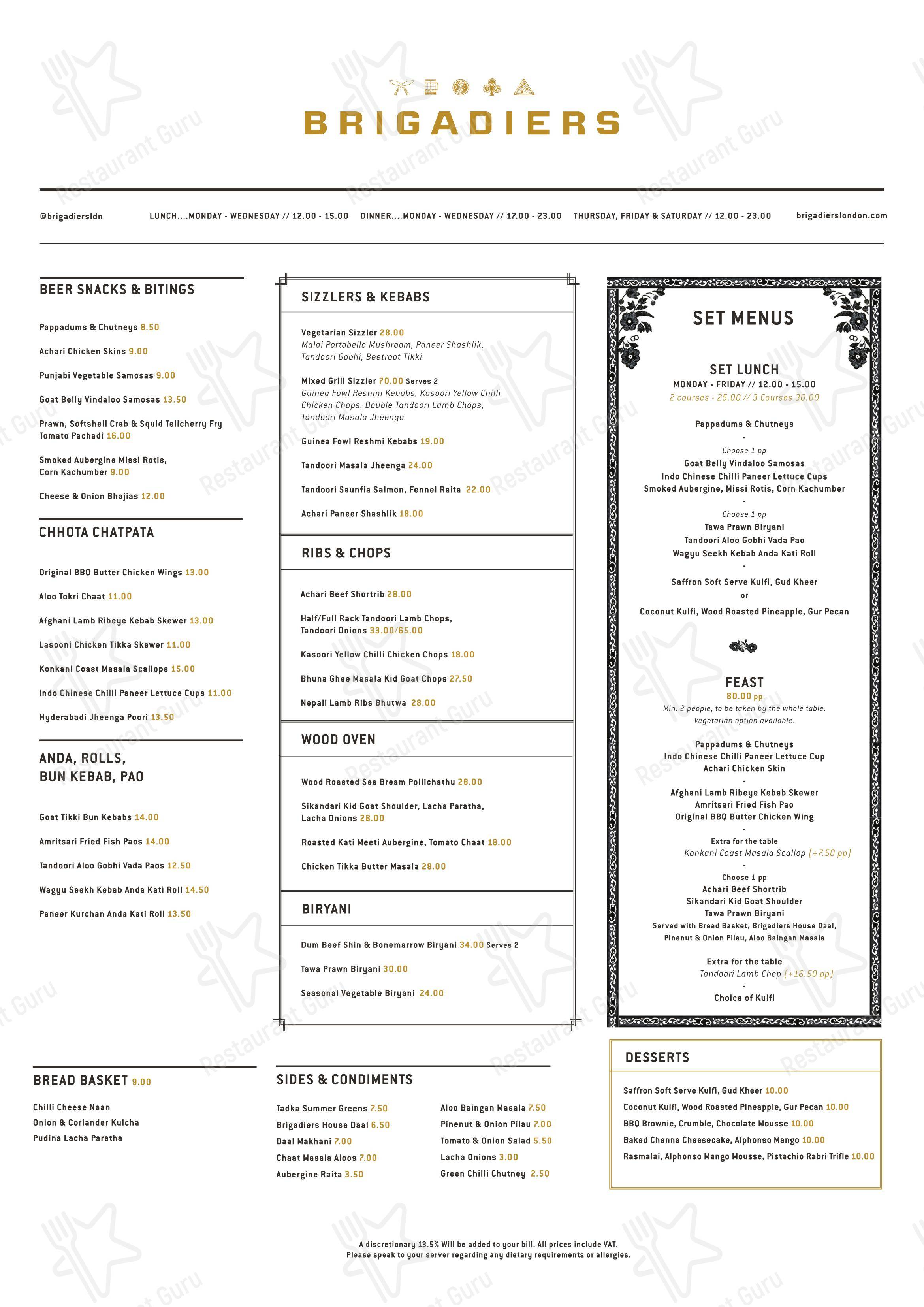 Menu at Brigadiers restaurant, London